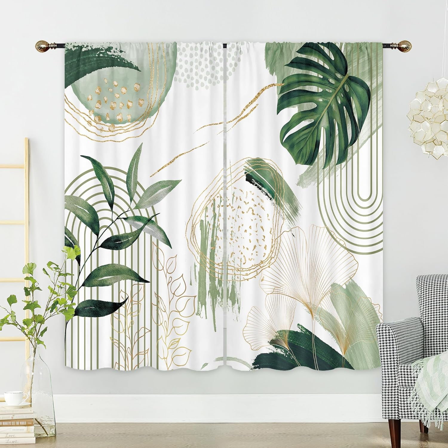 Green Boho Curtains for Bedroom Modern Bohemian Abstract Gold Leaves ...