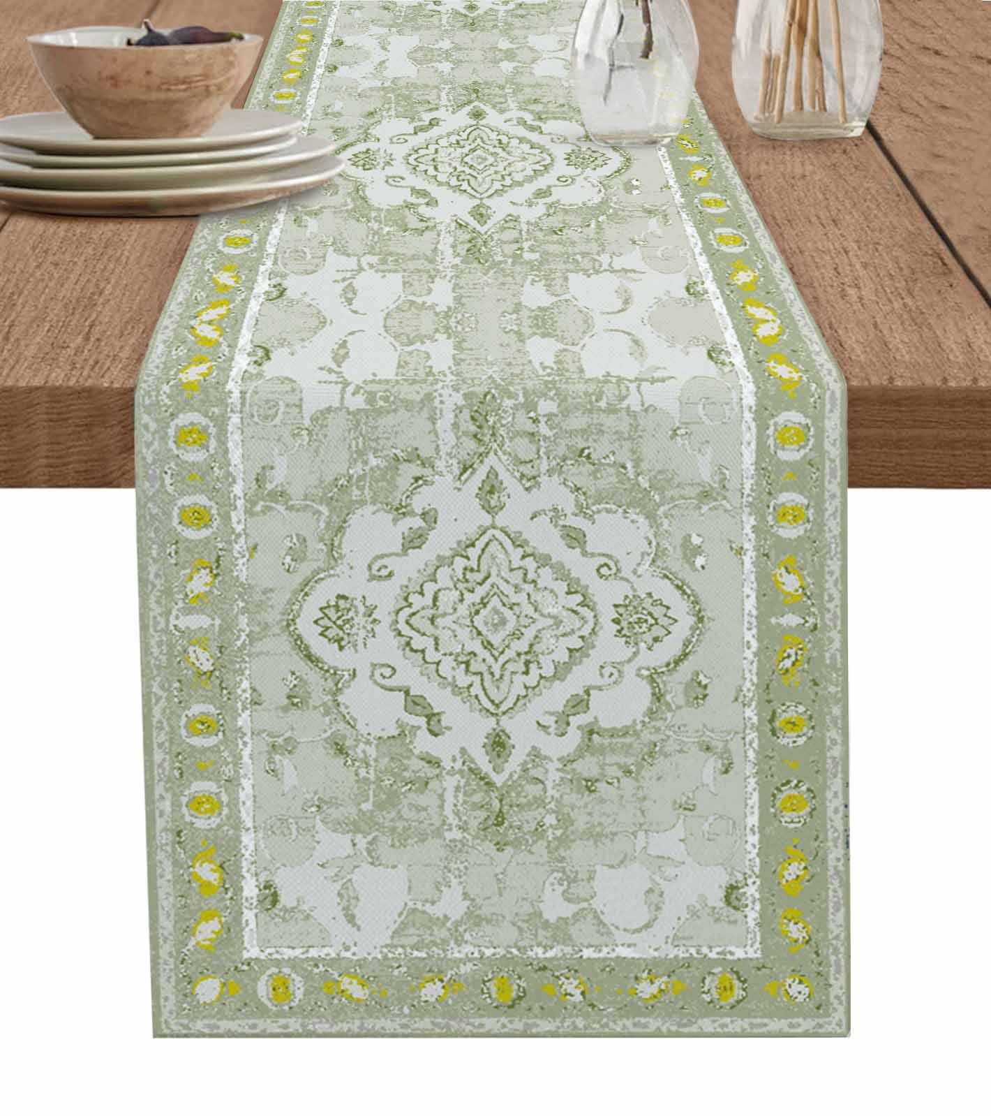 Green Boho Ethnic Short Table Runners 36 Inches, Cotton Linen Fabric ...