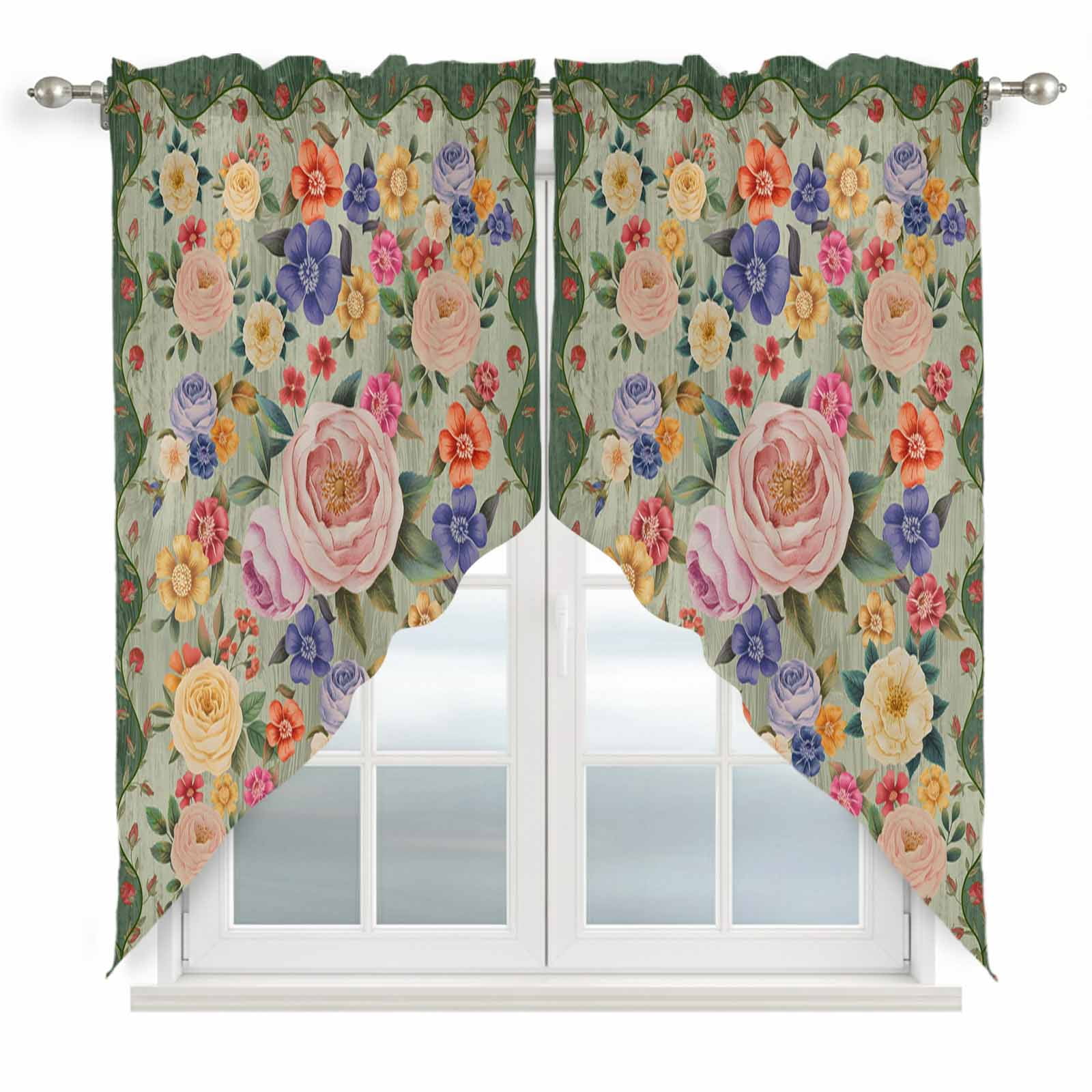 Green Boho Flower Swag Curtains for Kitchen/Bedroom/Living Room, Spring ...
