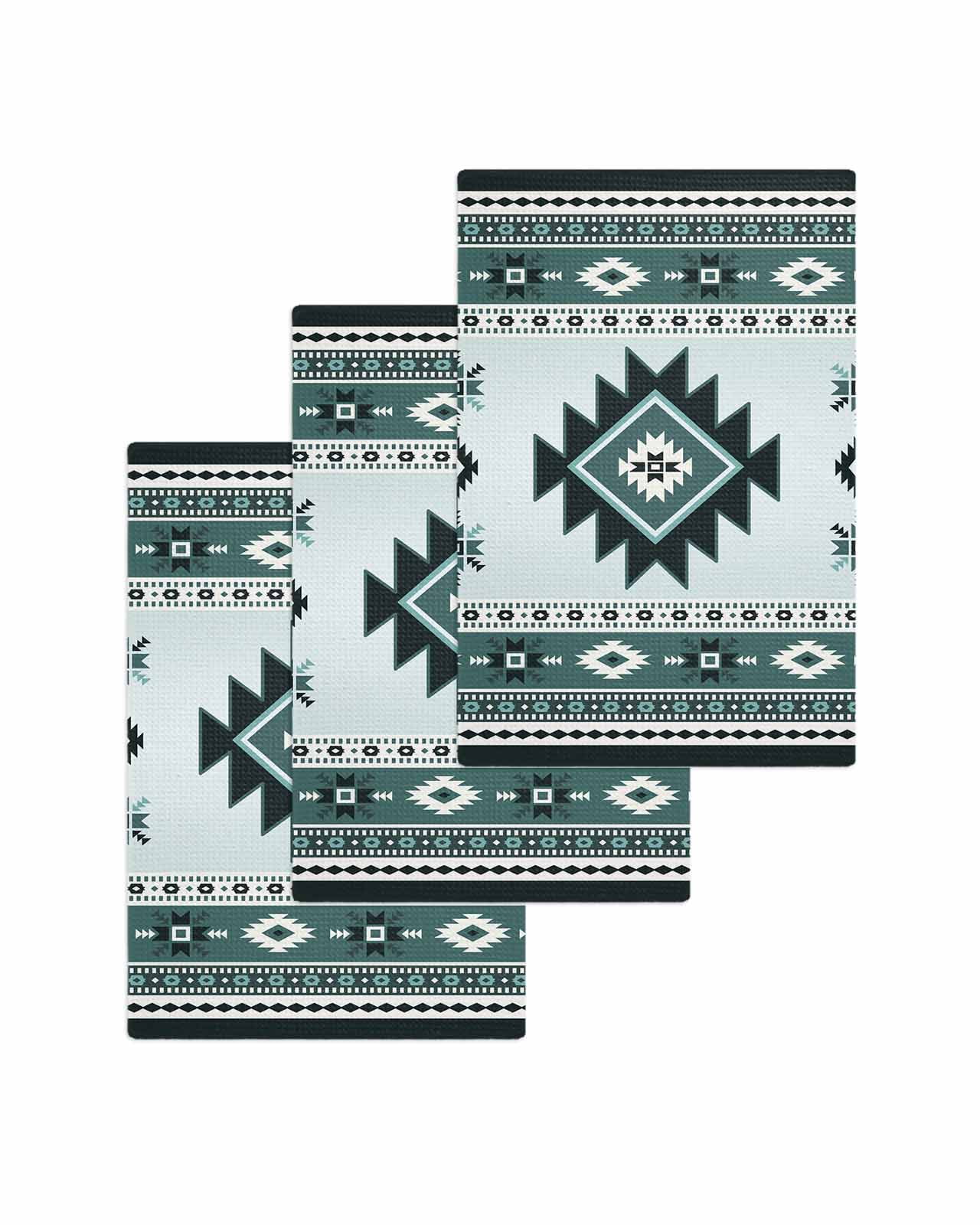 Green Boho Kitchen Dish Towels for Drying Dishes Set of 3, Southwest Ethnic Abstract Geometric ...