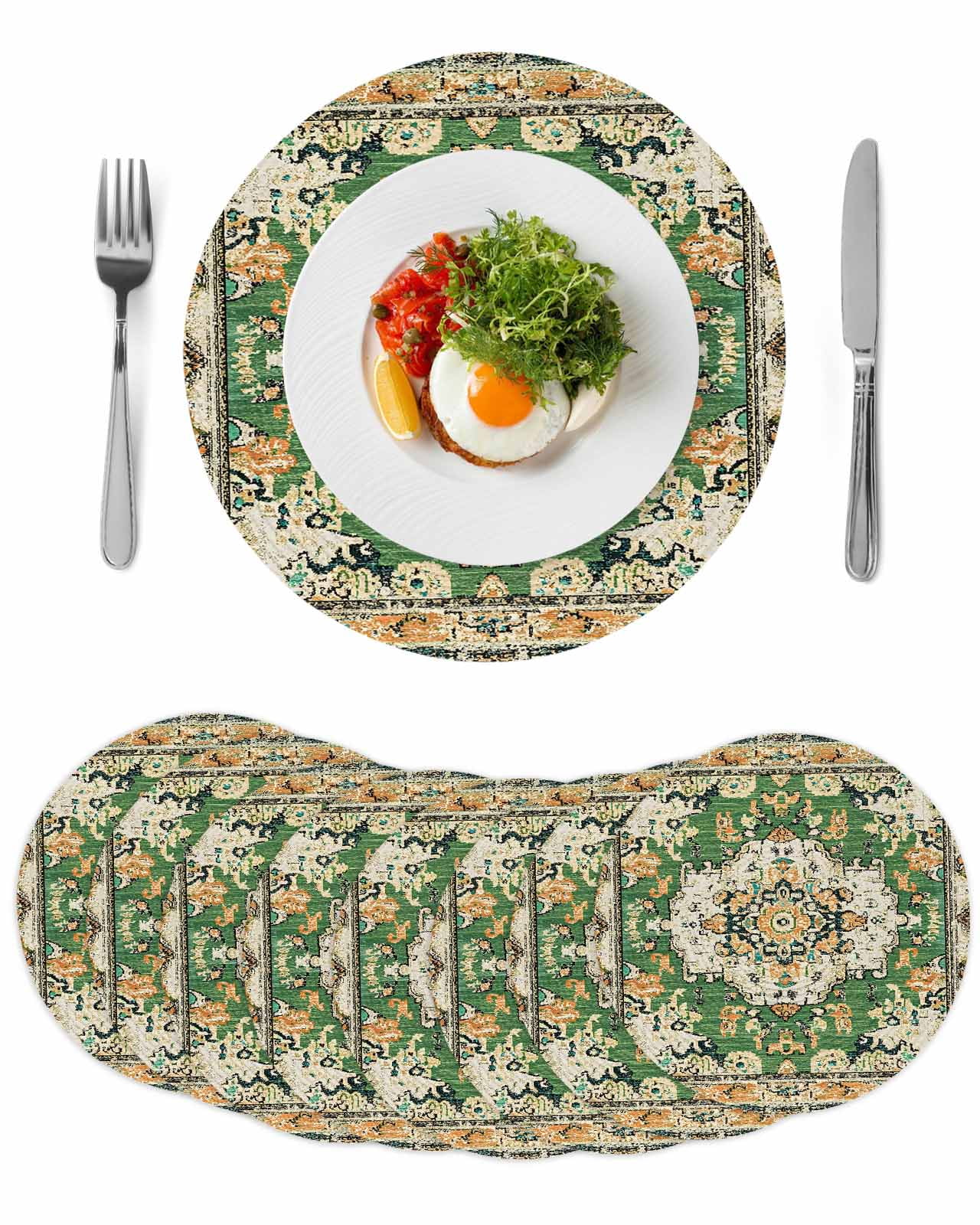Green Boho Round 15 Inch Placemats Set of 8, Farmhouse Tribal Vintage ...
