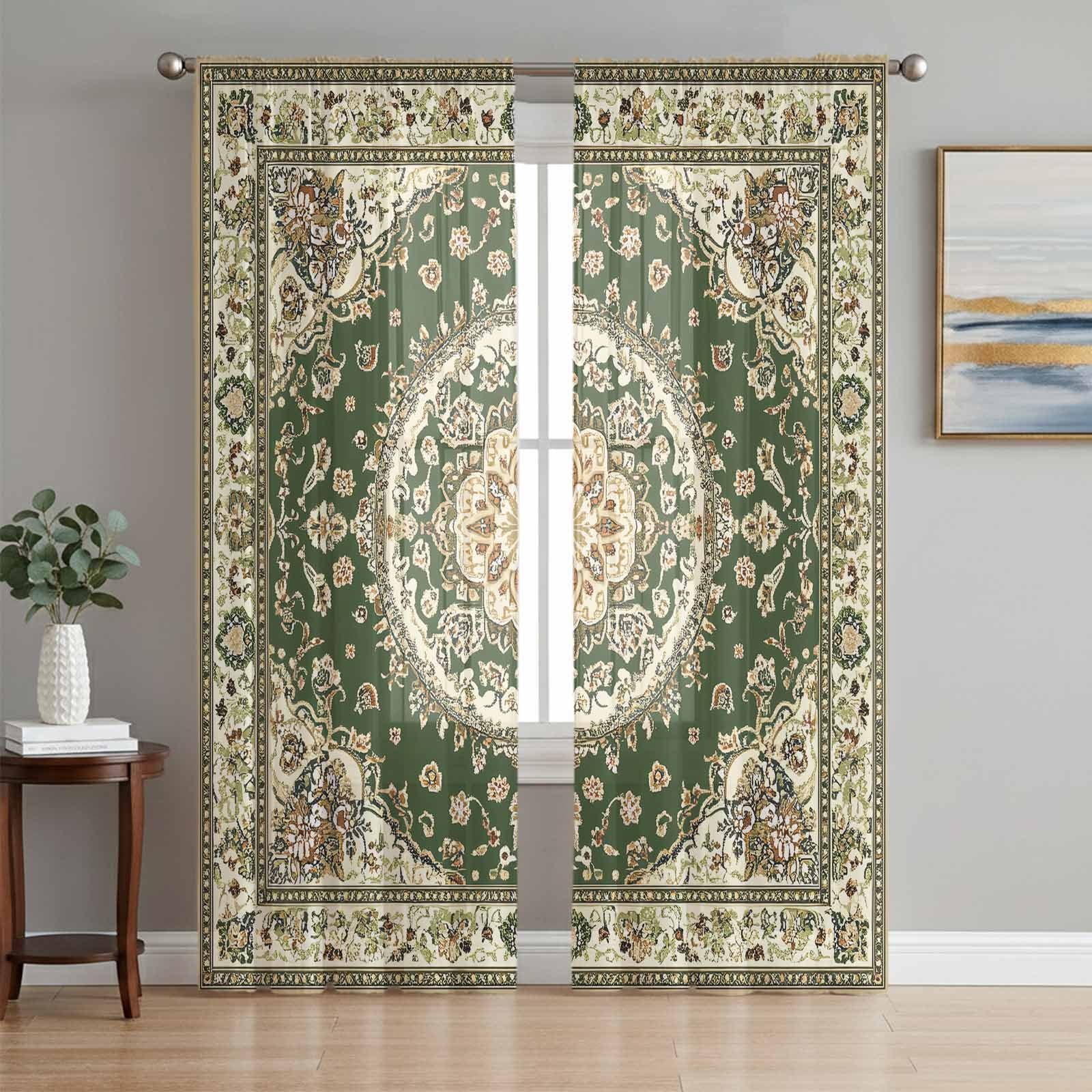 Green Boho Sheer Curtains 72 Inch Length 2 Panels Set, Chic Traditional ...
