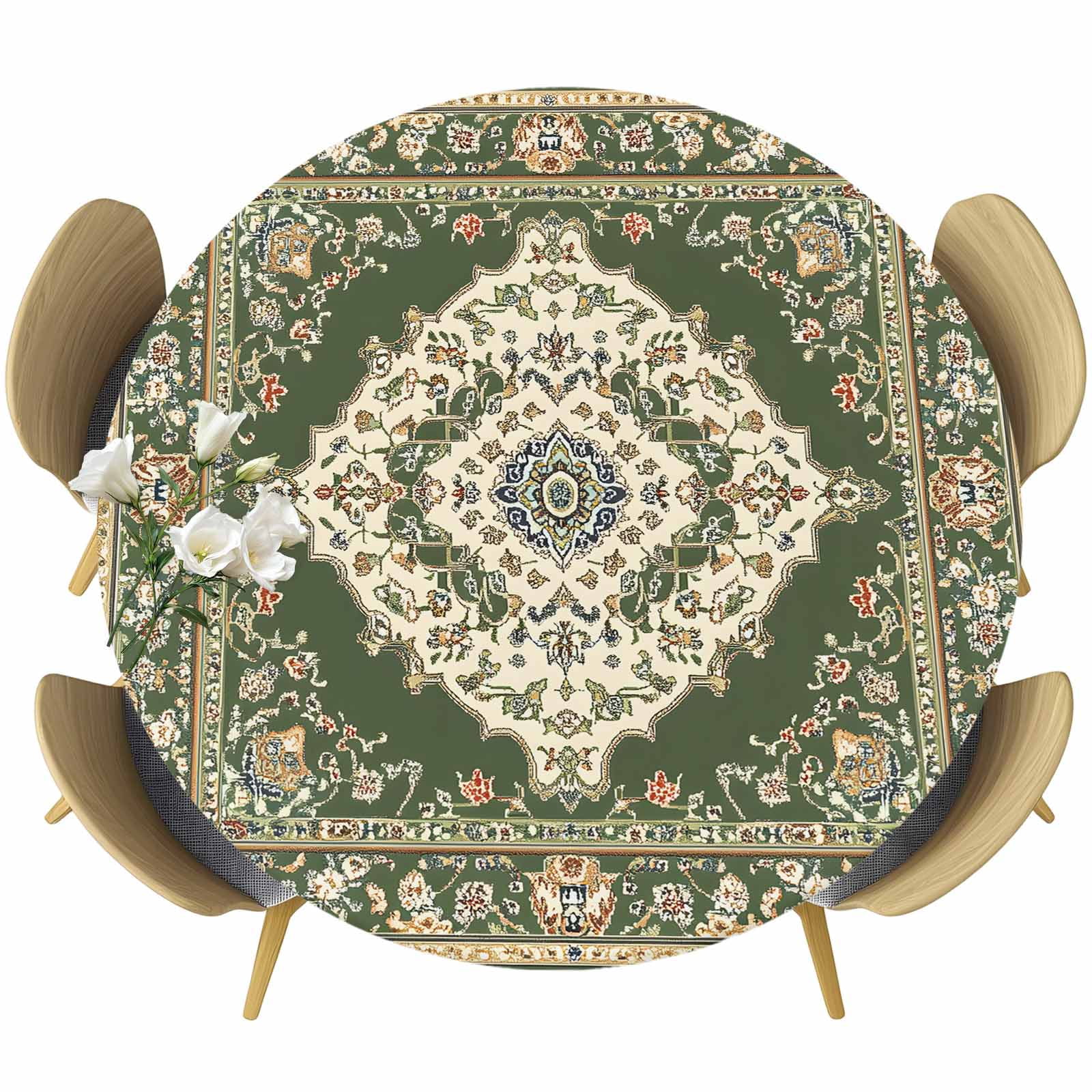 Green Boho Table Cloth, Round Fitted Tablecloths with Elastic Edge ...