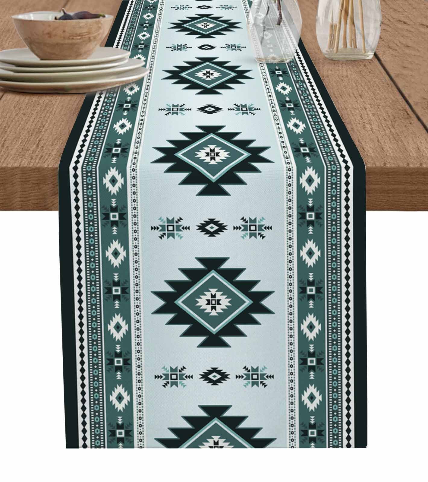 Green Boho Table Runner 72 Inches, Southwest Ethnic Abstract Geometric ...