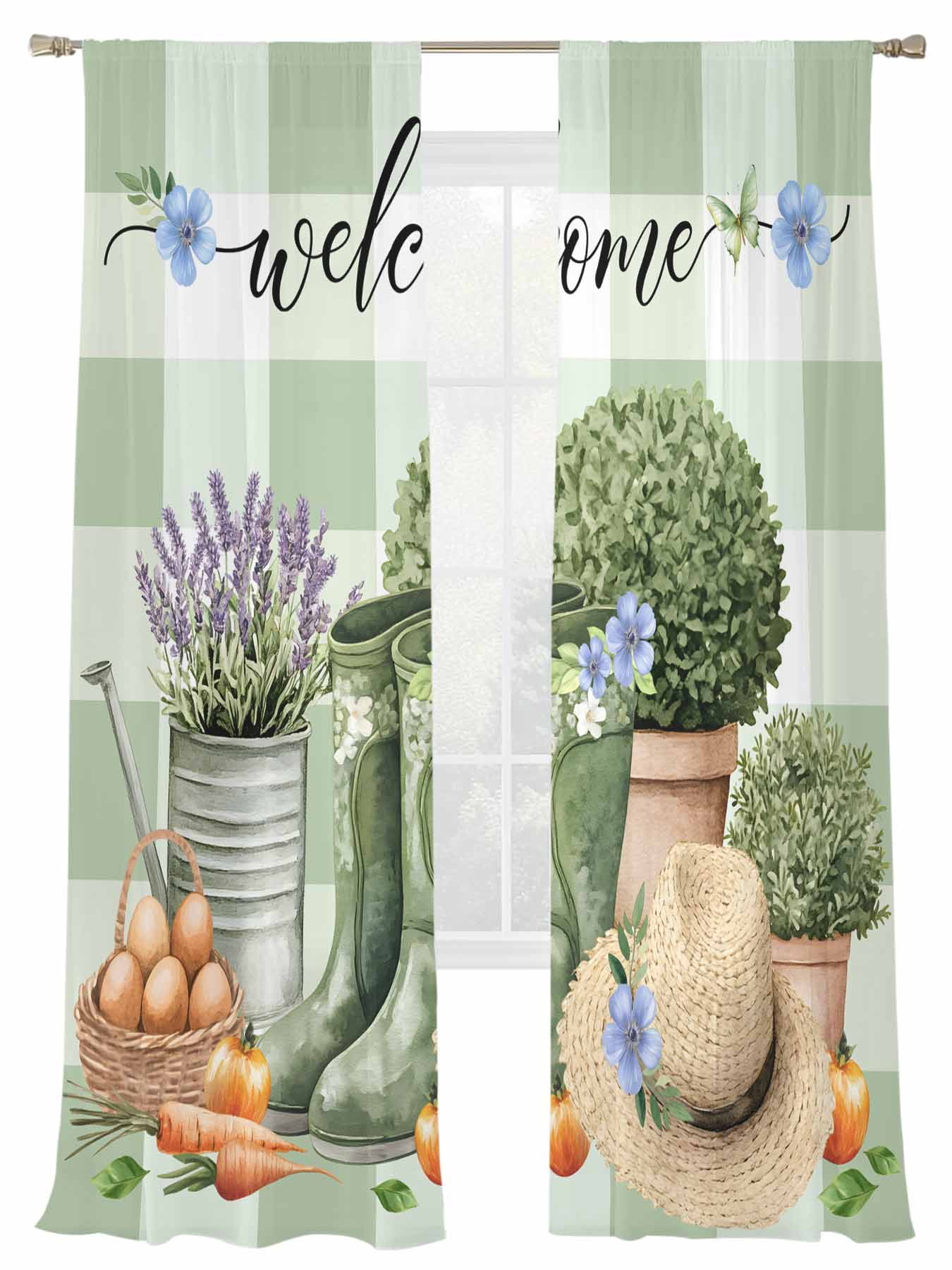 Green Boots Sheer Curtains 2 Panels Set Welcome Lavender Blue Pastoral ...