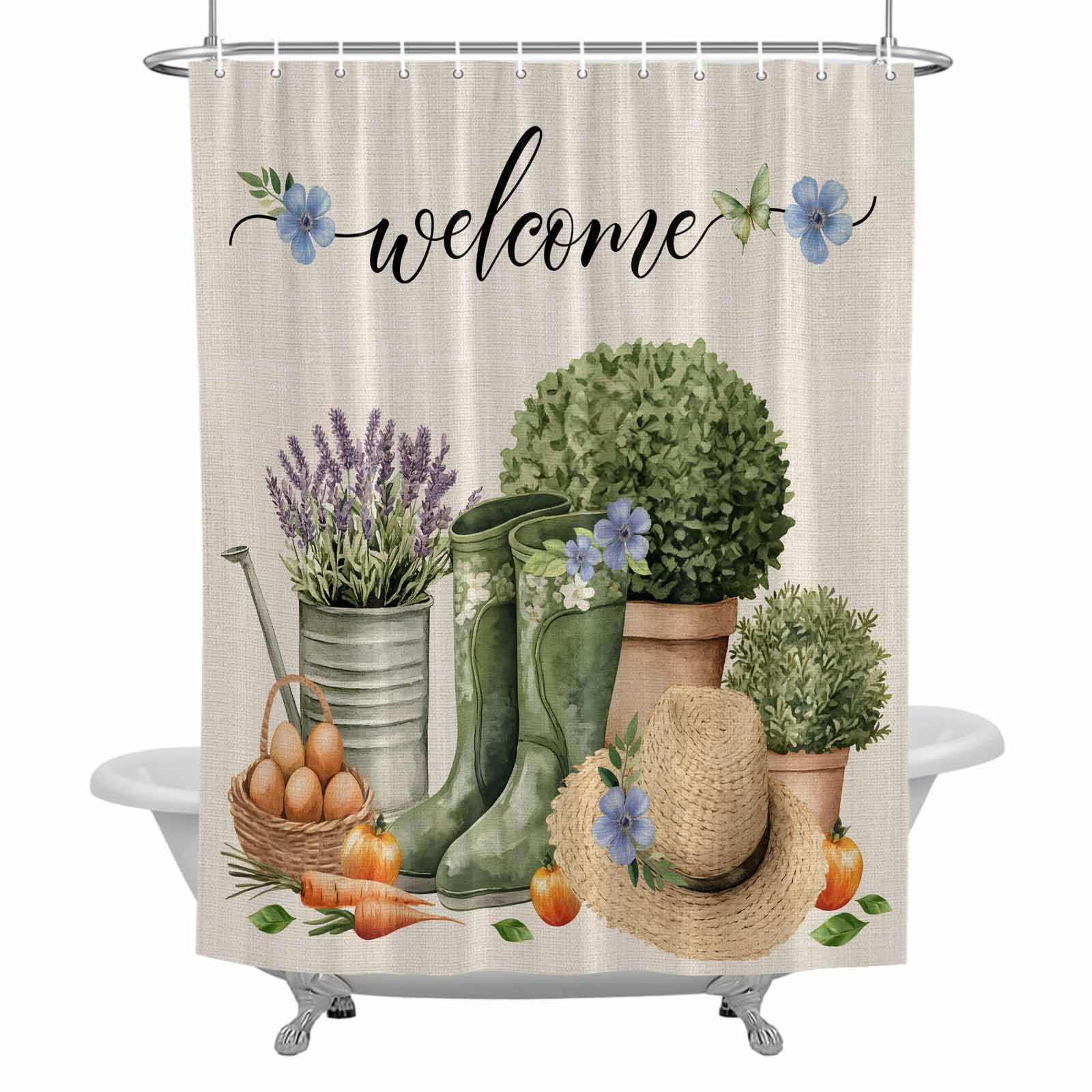 Green Boots Shower Curtain for Bathroom, Welcome Lavender Blue Pastoral ...