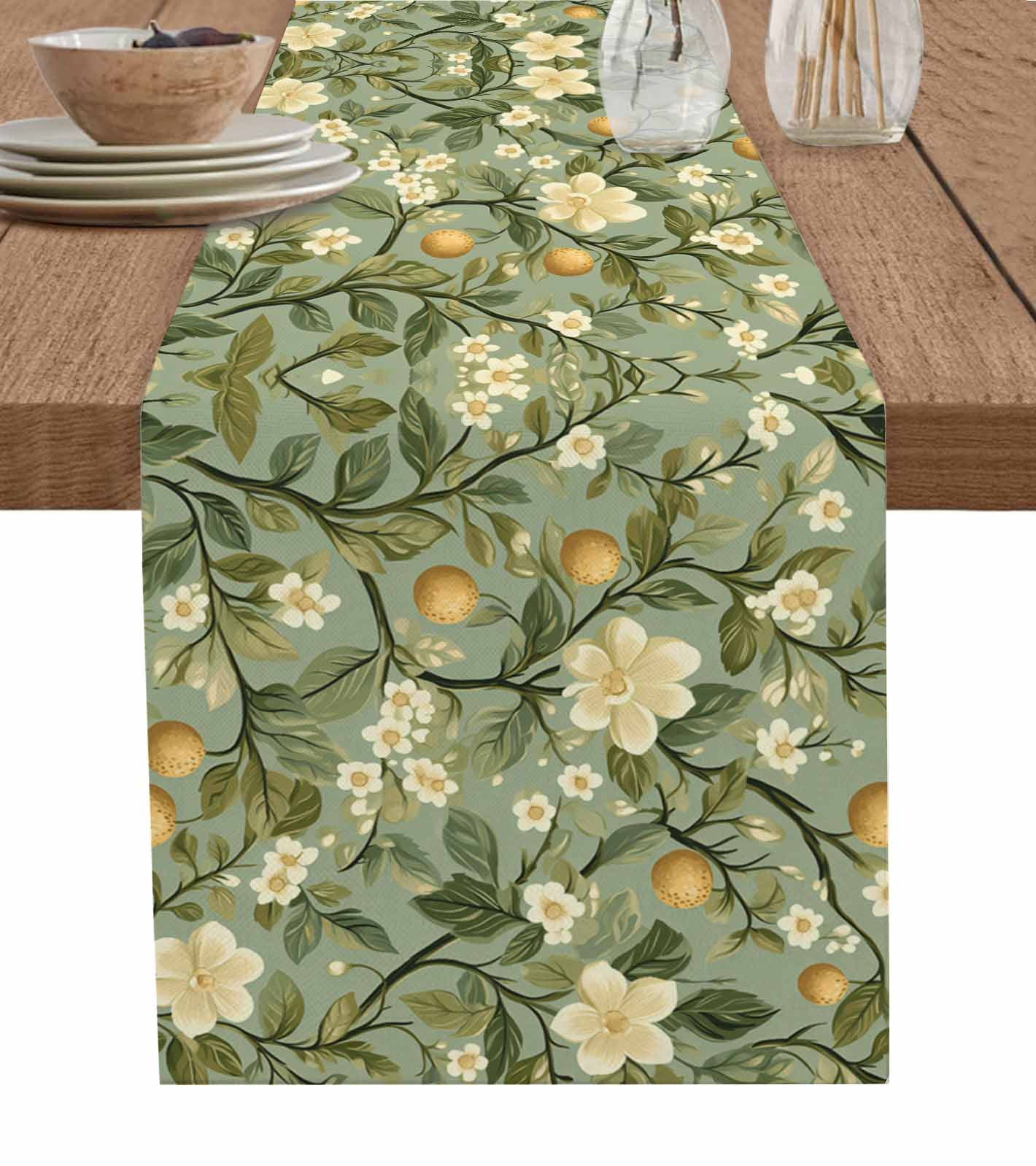 Green Botanical Burlap Cotton Table Runner 13x120 Inches Long, Rustic ...