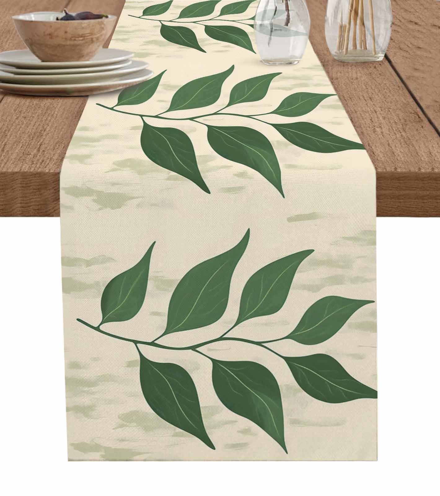 Green Botanical Burlap Cotton Table Runner 13x36 Inches Short, Tropical ...
