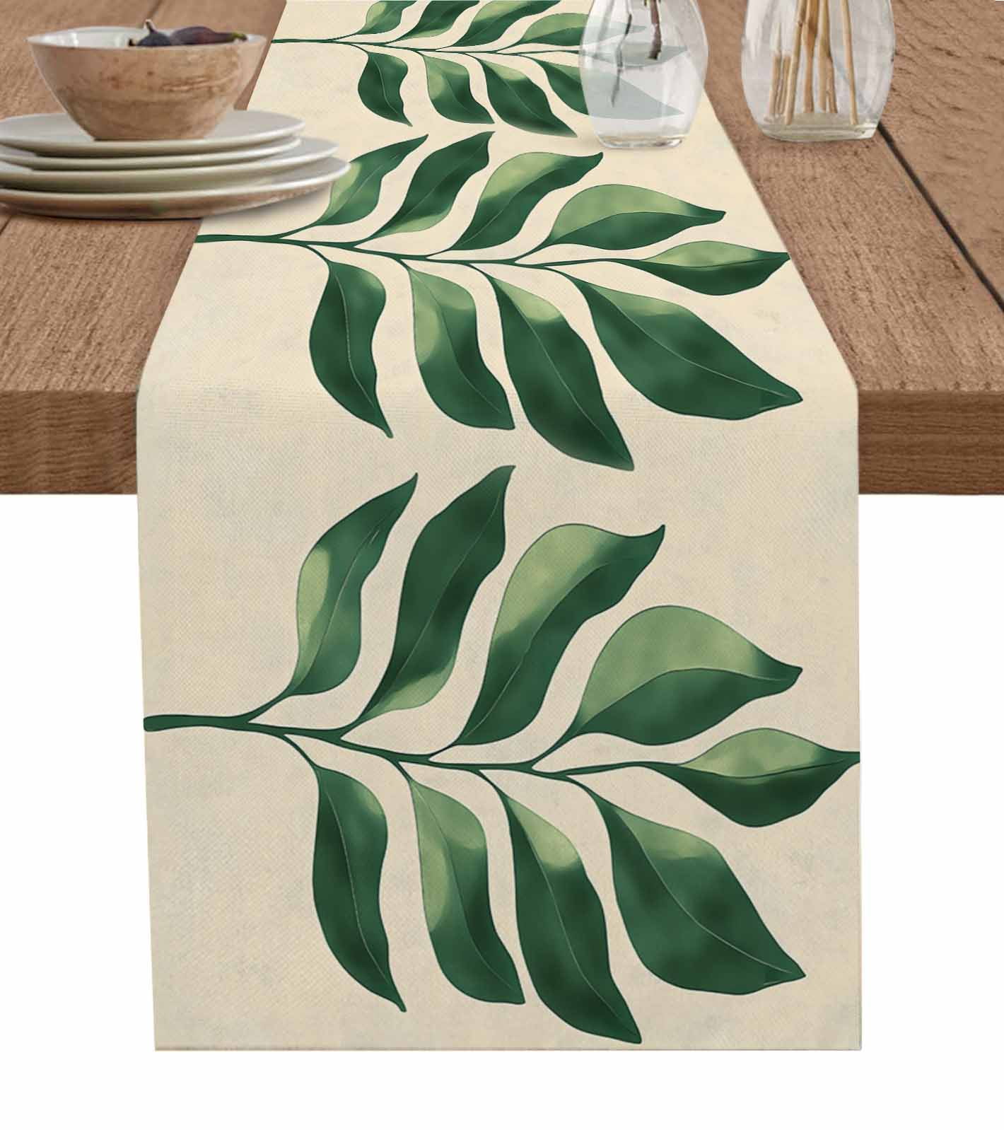 Green Botanical Burlap Cotton Table Runner 13x60 Inches Long, Tropical ...