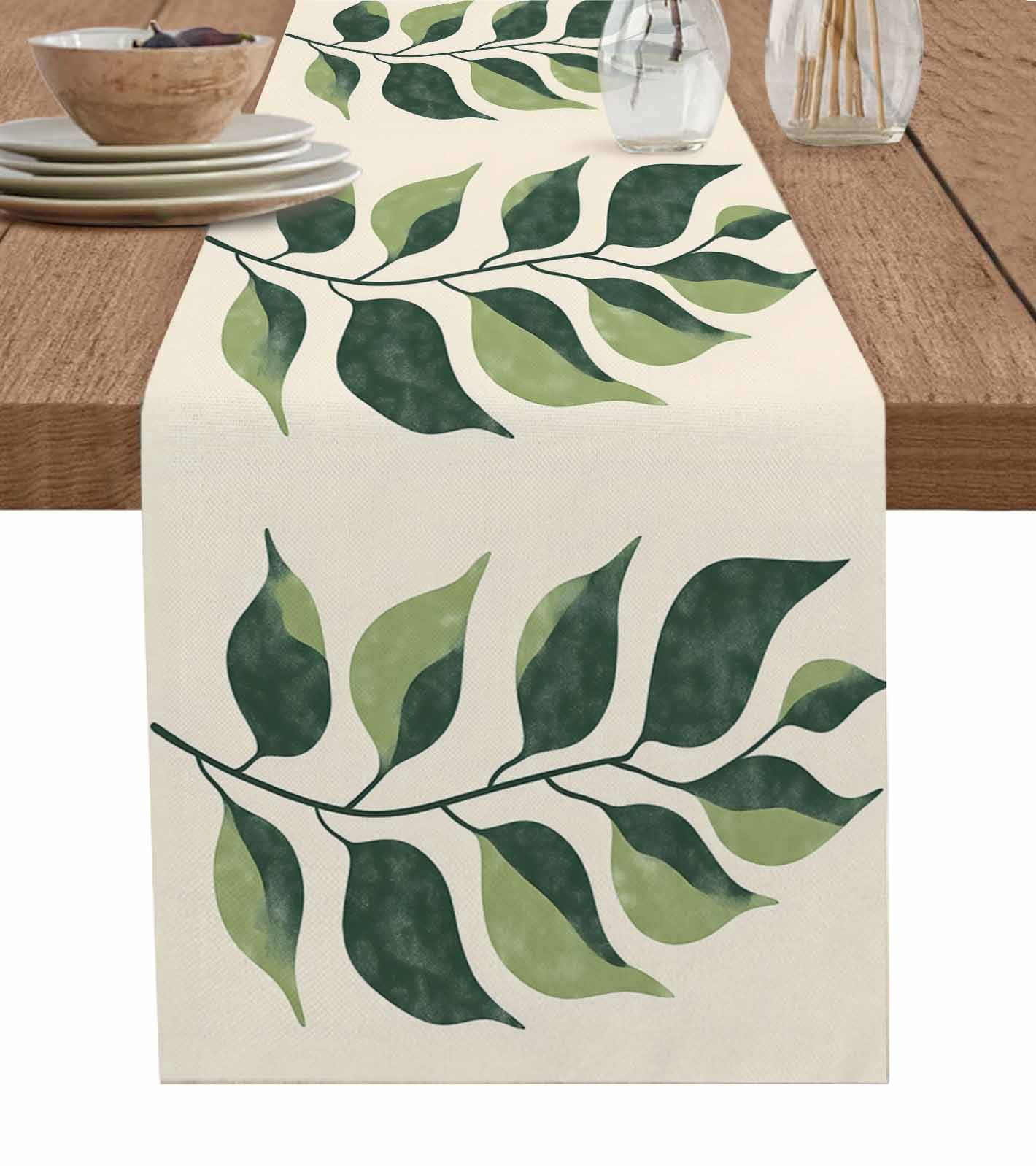 Green Botanical Burlap Cotton Table Runner 13x90 Inches Long, Elegant ...