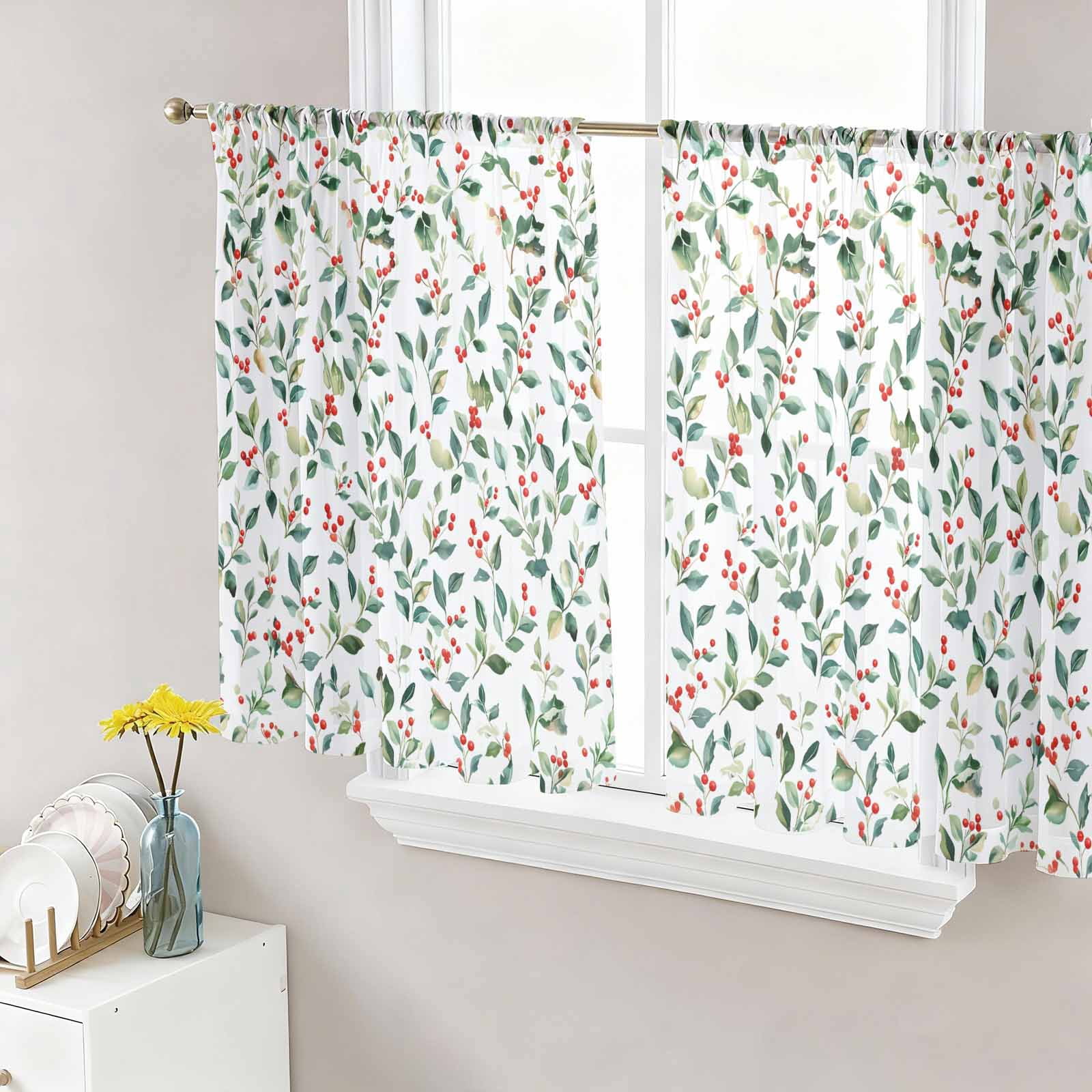 Green Botanical Christmas Sheer Curtains 45 Inch Length 2 Panels Set ...