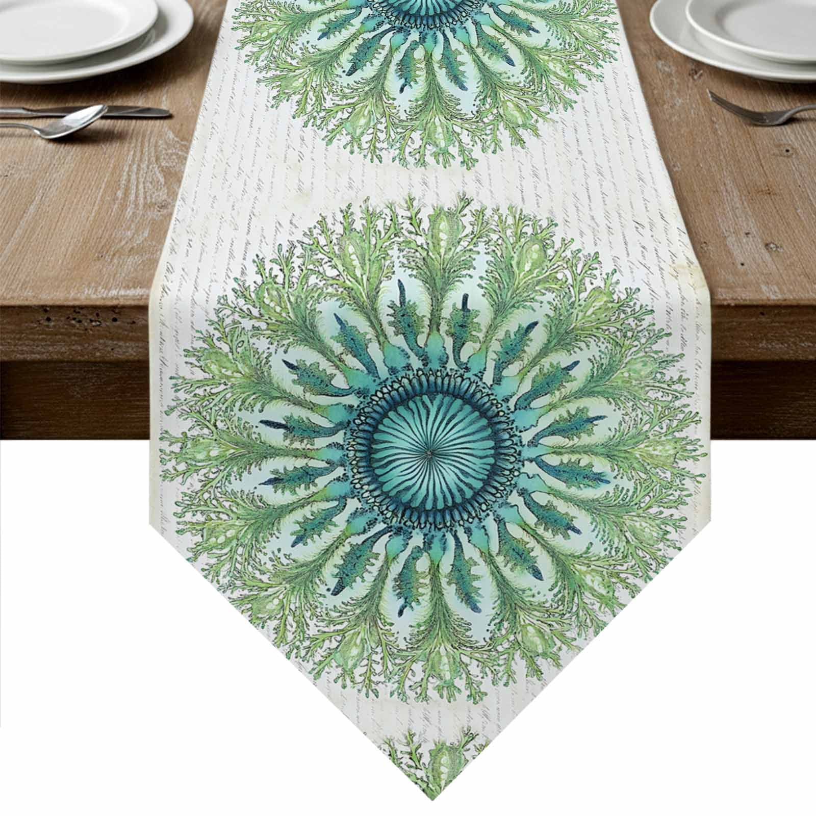 Green Botanical Circle Table Runner Linen Burlap Table Runner 72 Inches ...