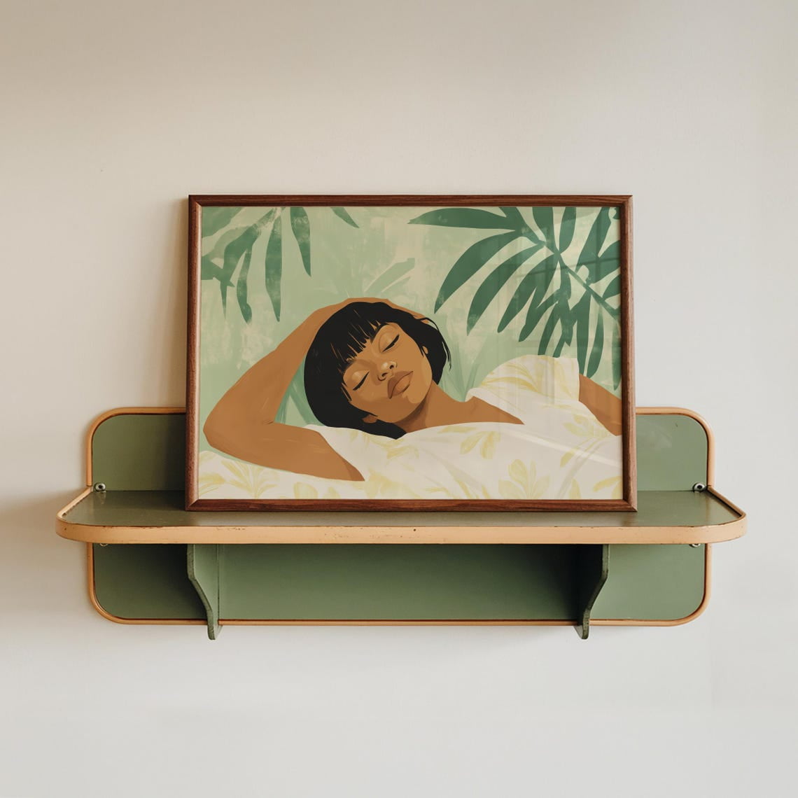 Green Botanical Contemporary Wall Art Poster, Lady Napping On Couch ...