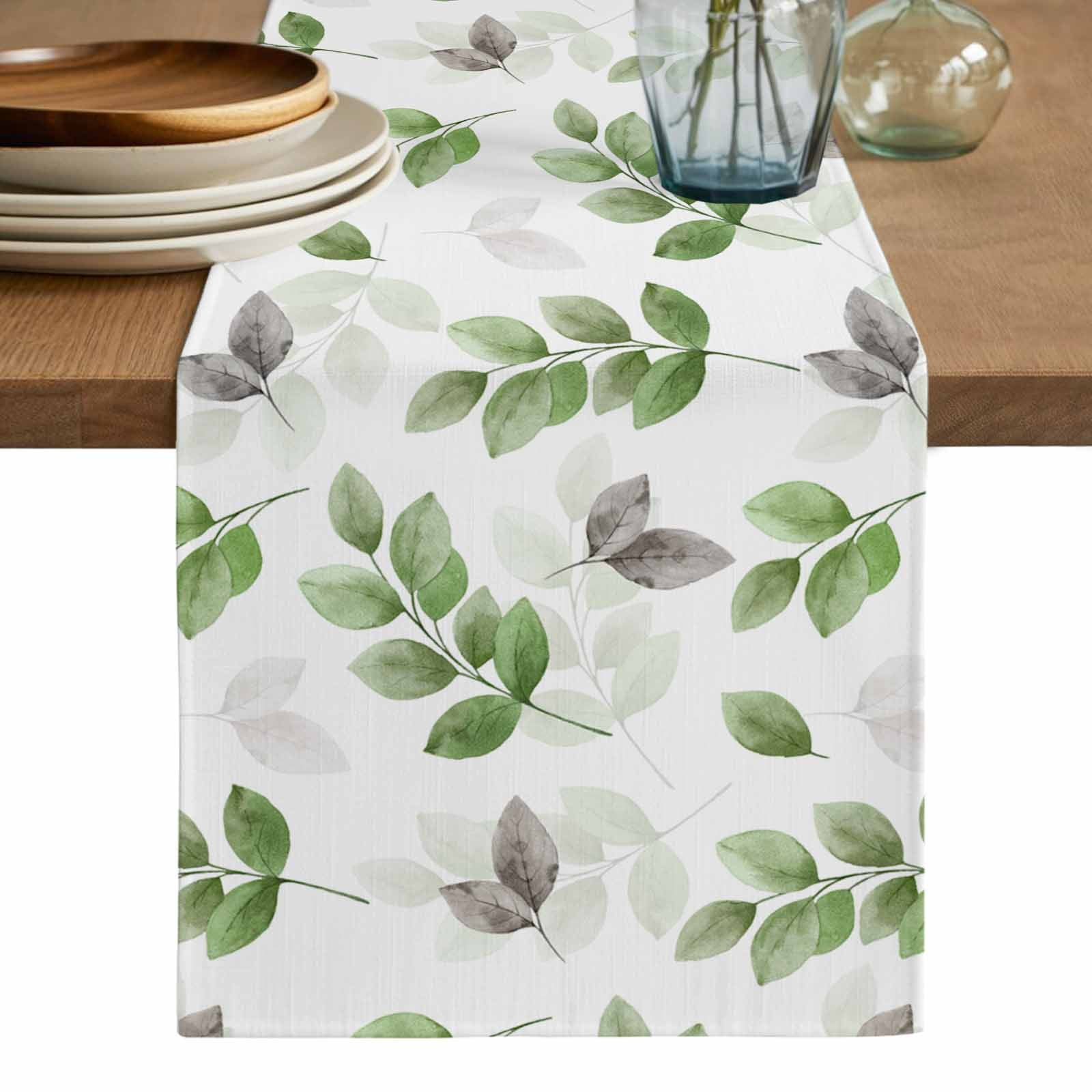 Green Botanical Fall Table Runner, Pastoral Maple Leaf Autumn Washable Cotton Linen Table ...
