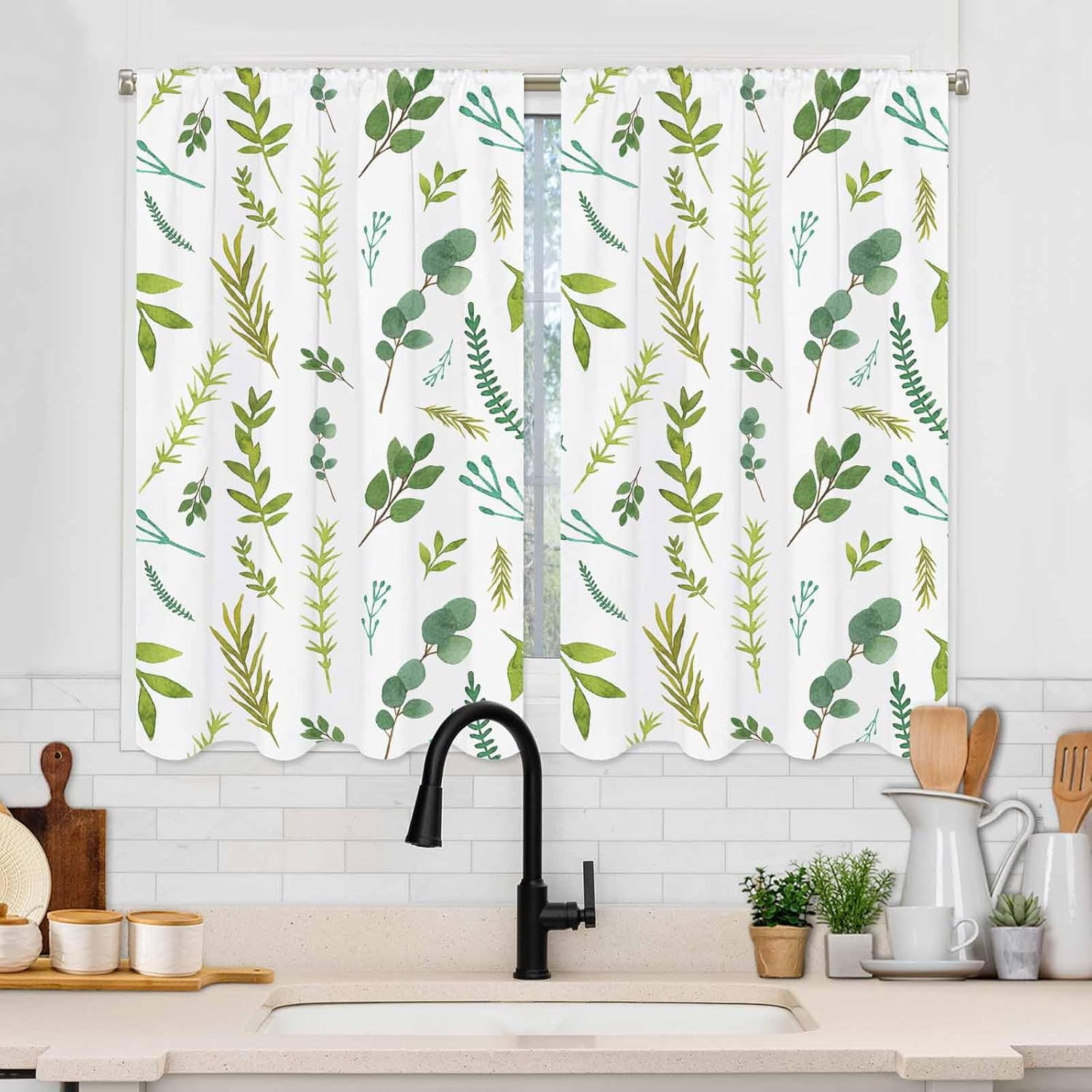Green Botanical Kitchen Curtains Green Botanical Leaves and Branches ...