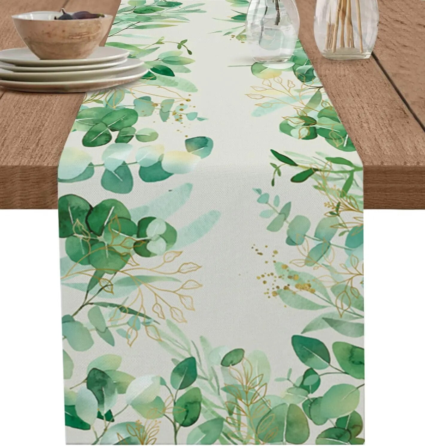 Green Botanical Linen Table Runners Watercolor Green Yellow Leaf ...