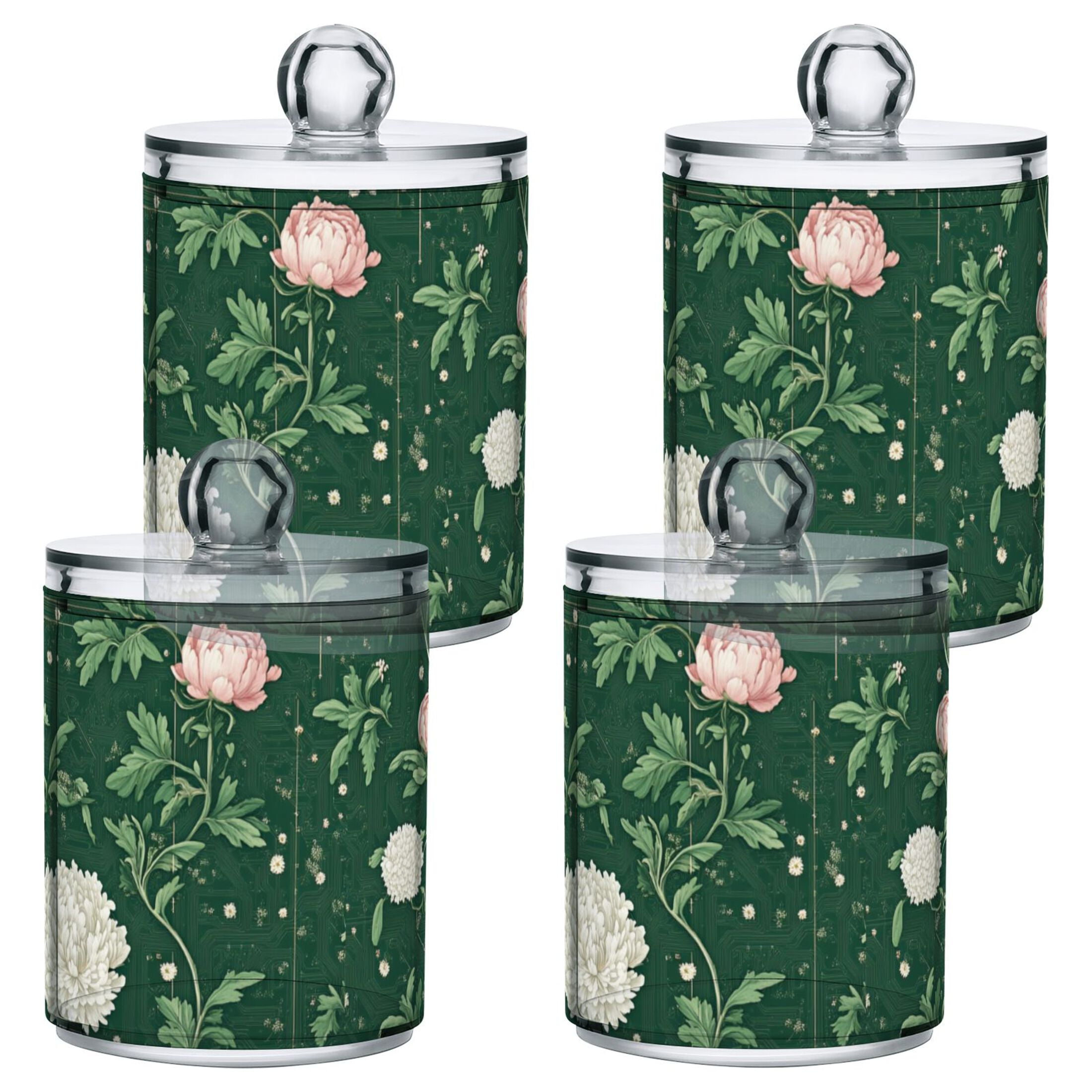 Green Botanical Print Bathroom Canisters Set of 4 Translucent Plastic ...