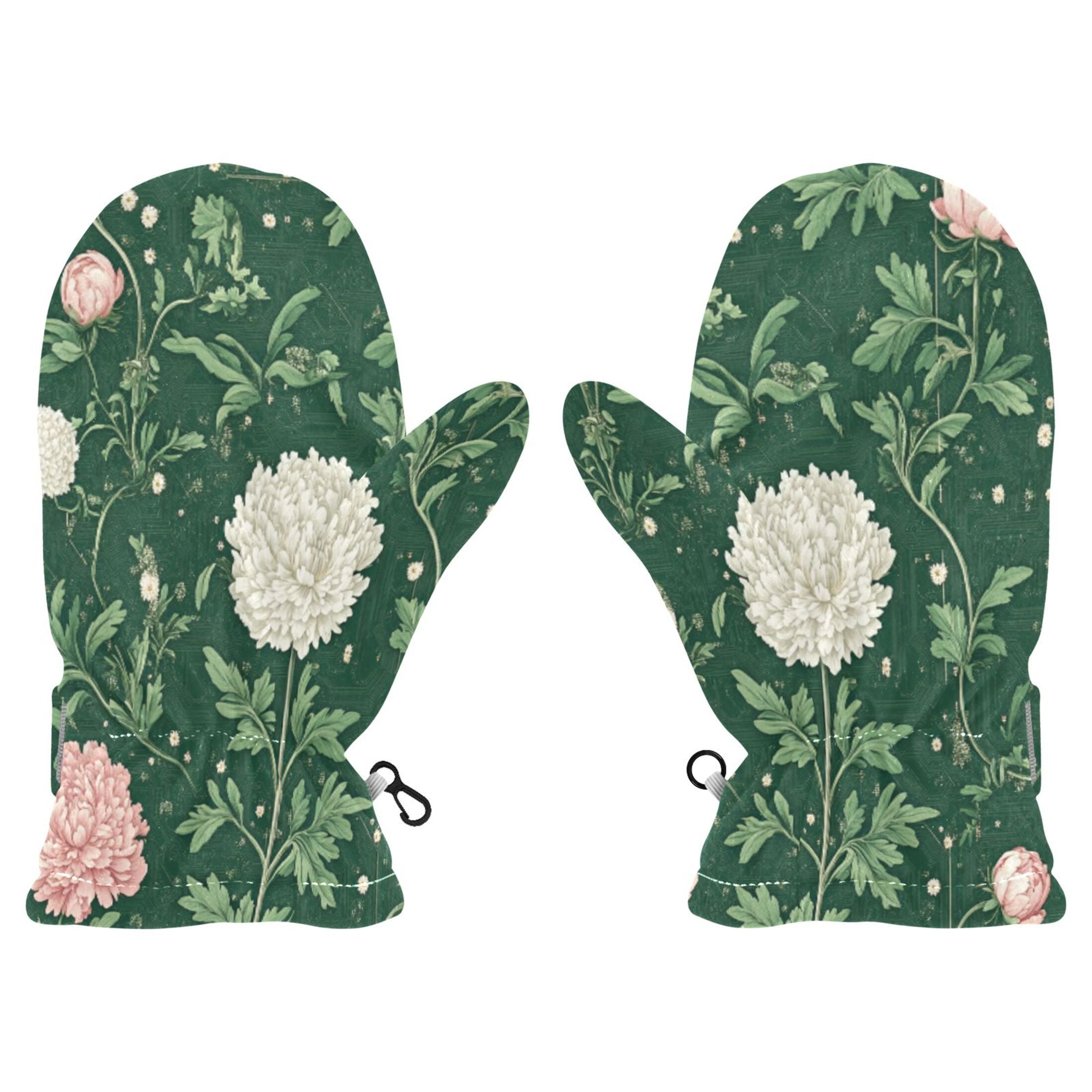 Green Botanical Print Witch Cauldron Pattern Cold Weather Mittens Cozy ...