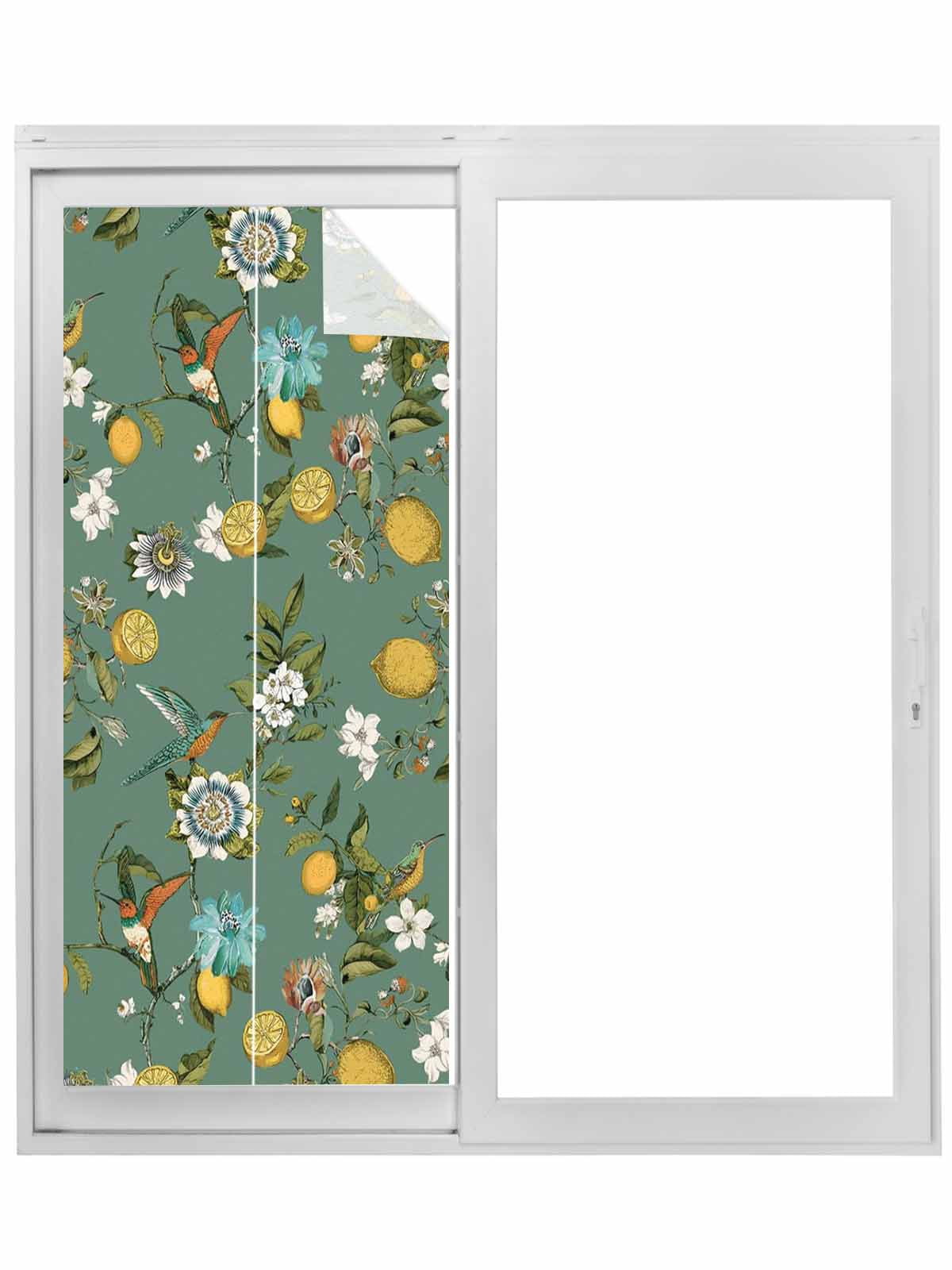 Green Botanical Window Privacy Film, Spring Floral Summer Lemon Birds ...