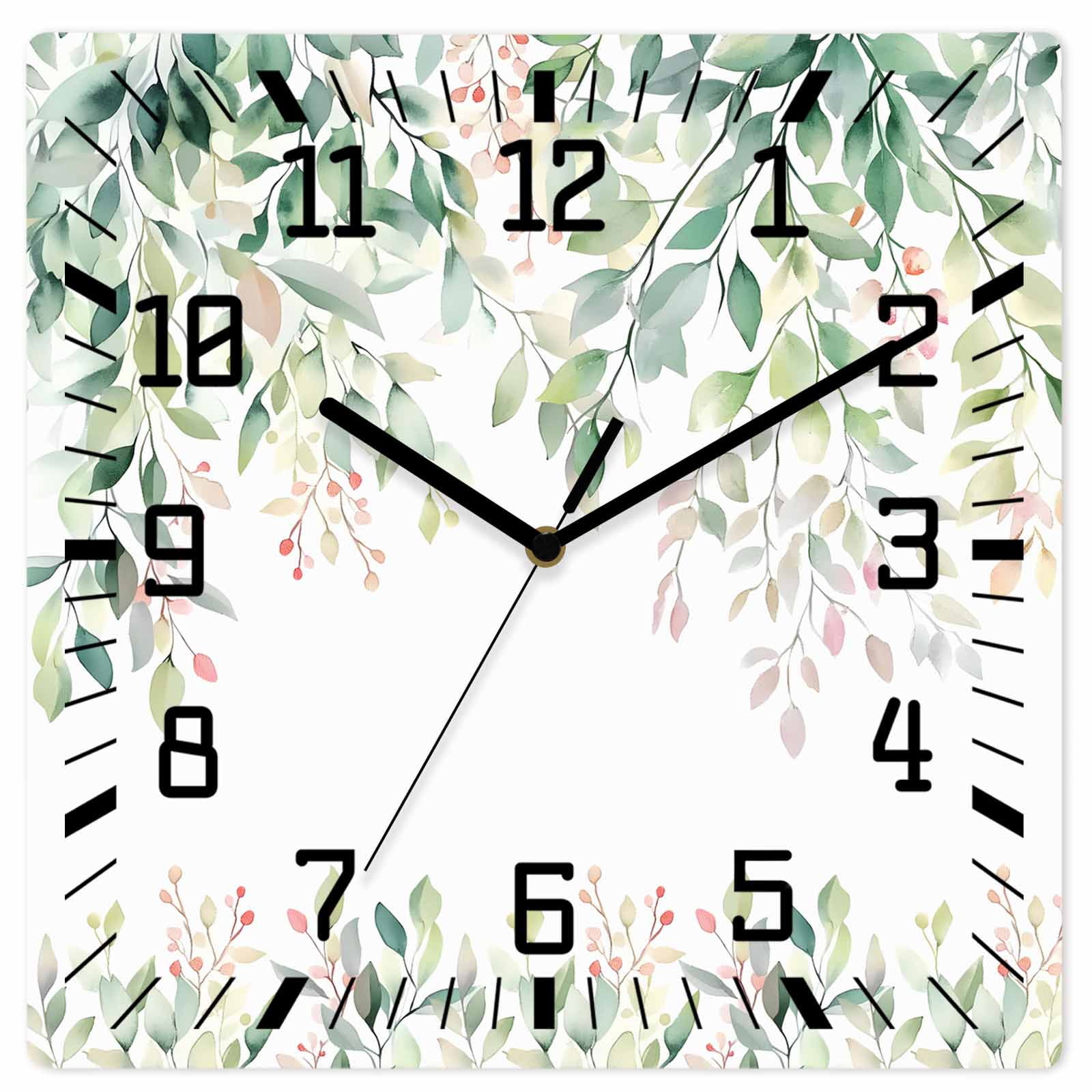 Green Botanical Wooden Wall Clock Silent Non Ticking, Watercolor Floral ...