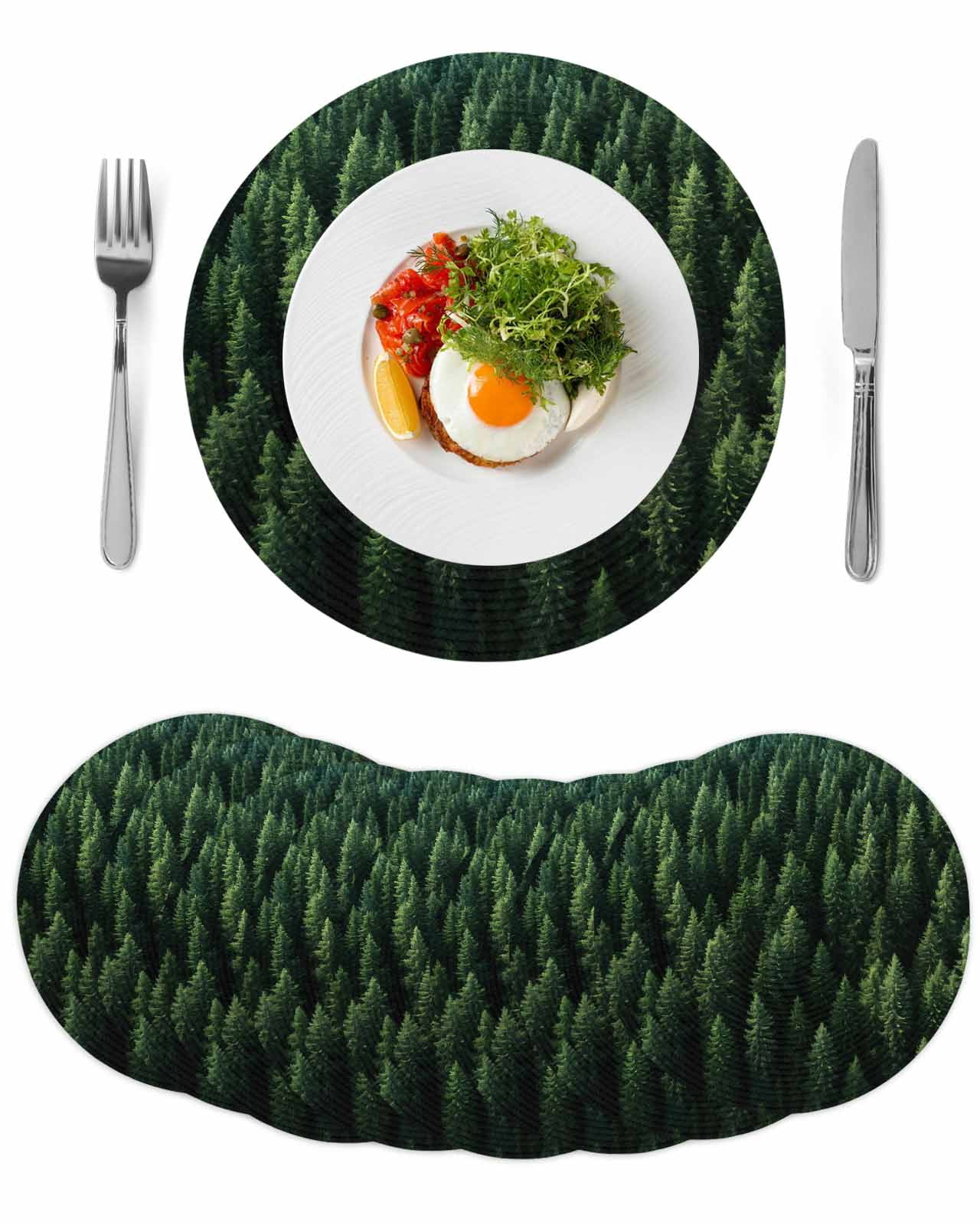 Green Botanical Pine Trees Round Table Placemats set of 8, Vintage ...