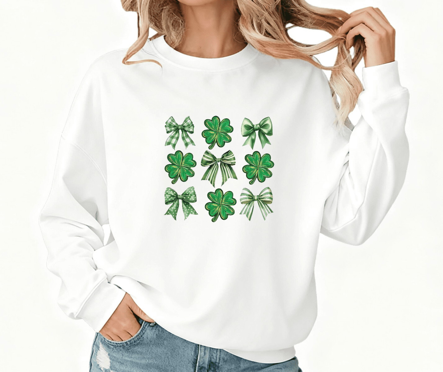 Green Bow Clover Grid Print Graphic Sweatshirt White S-2XL Womens St ...