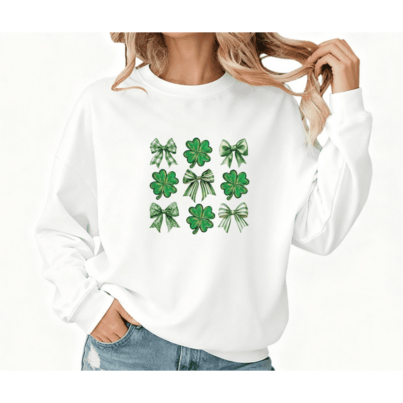 Green Bow Clover Grid Print Graphic Sweatshirt White S-2XL Womens St ...