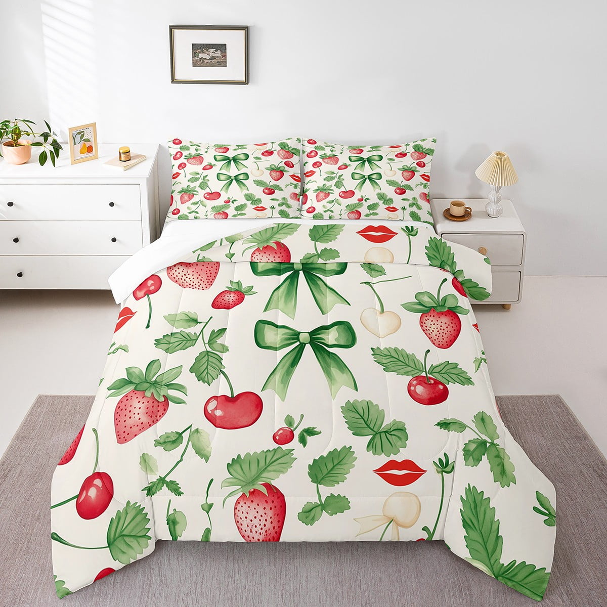 Green Bow Comforter Sets,Red Cherry Strawberry Pattern Bedding Sets ...