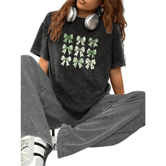 Green Bow Pattern Washed Print Tshirt Graphic Tees Cute Shirts Black S ...