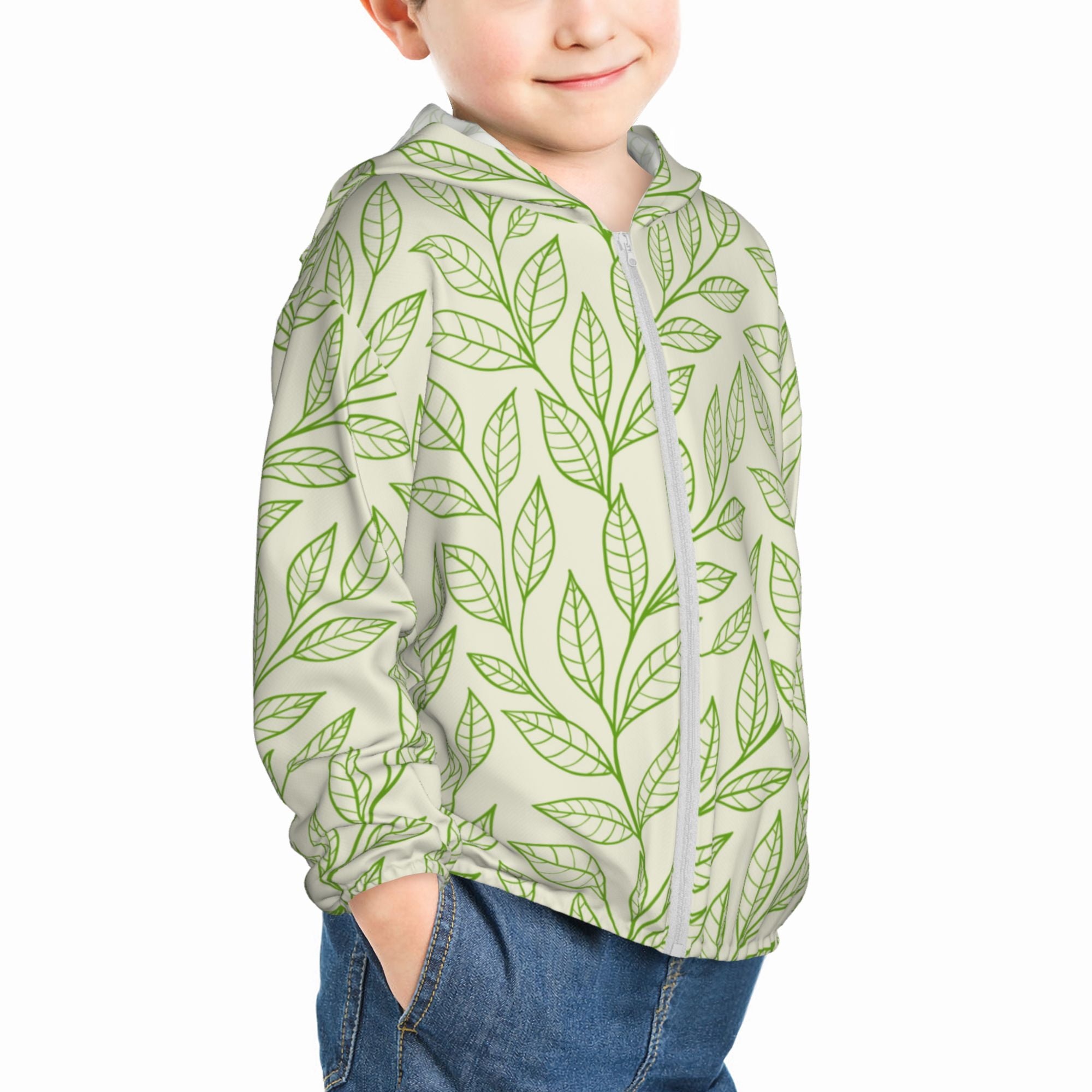 Green Branches And Leaves Line Pattern Kids Zip-Up Hoodie Girls Boys Sun Protection Jacket ...