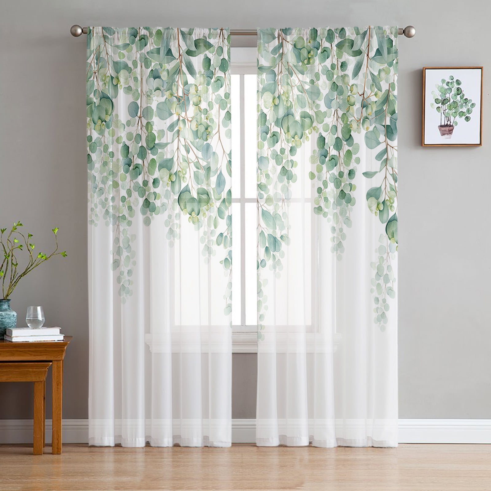 Green Branches Plant Leaves Tree Tulle Sheer Curtains for Living Room ...
