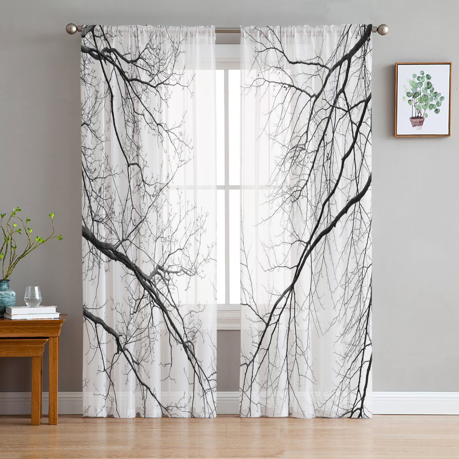 Green Branches Plant Leaves Tulle Curtains for Living Room Bedroom ...