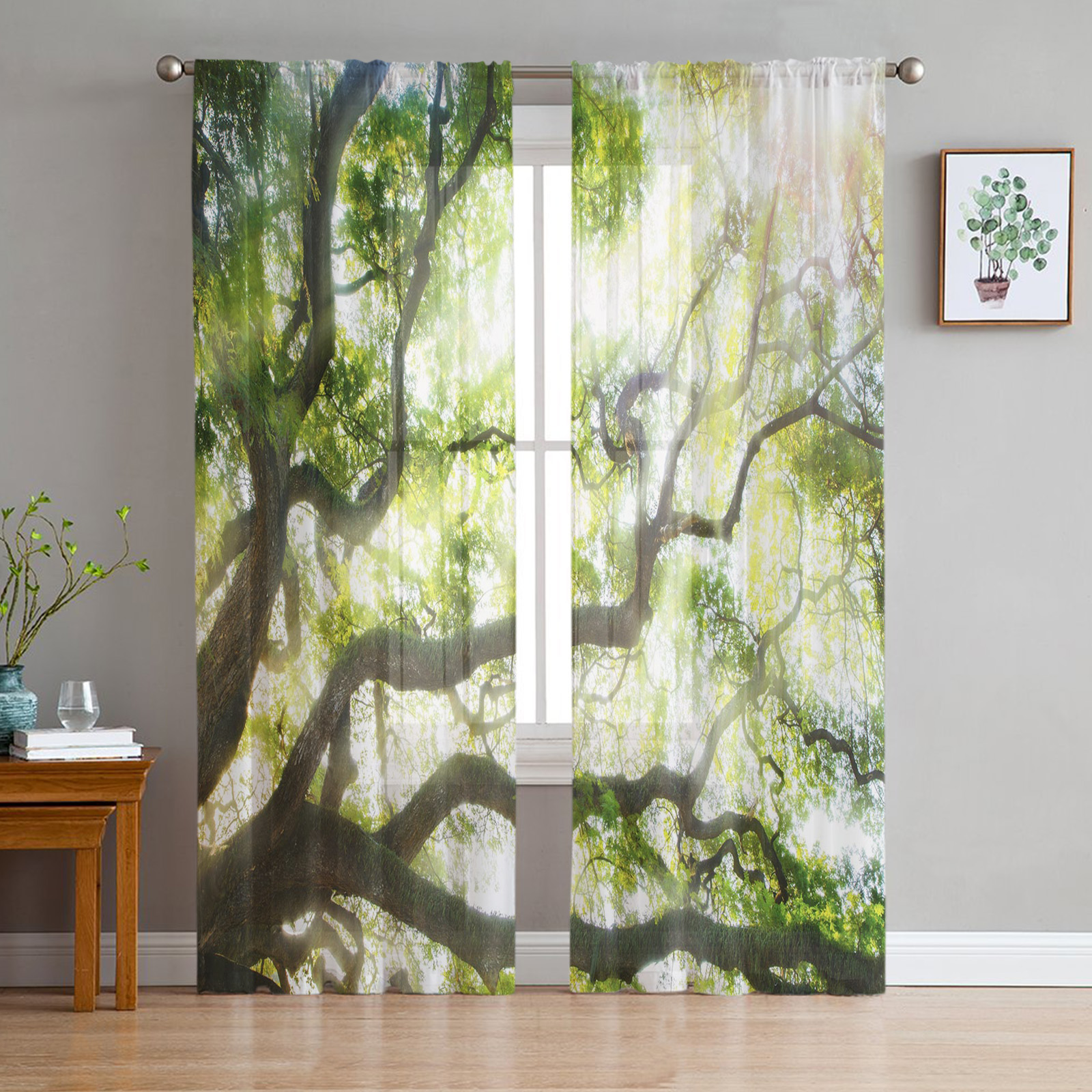 Green Branches Plant Leaves Tulle Curtains for Living Room Bedroom ...