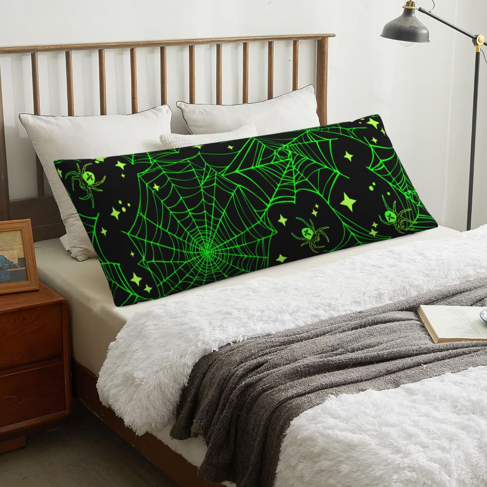 Green Bright Web with Spiders Body Pillow Cover, Long Pillow Cover with ...