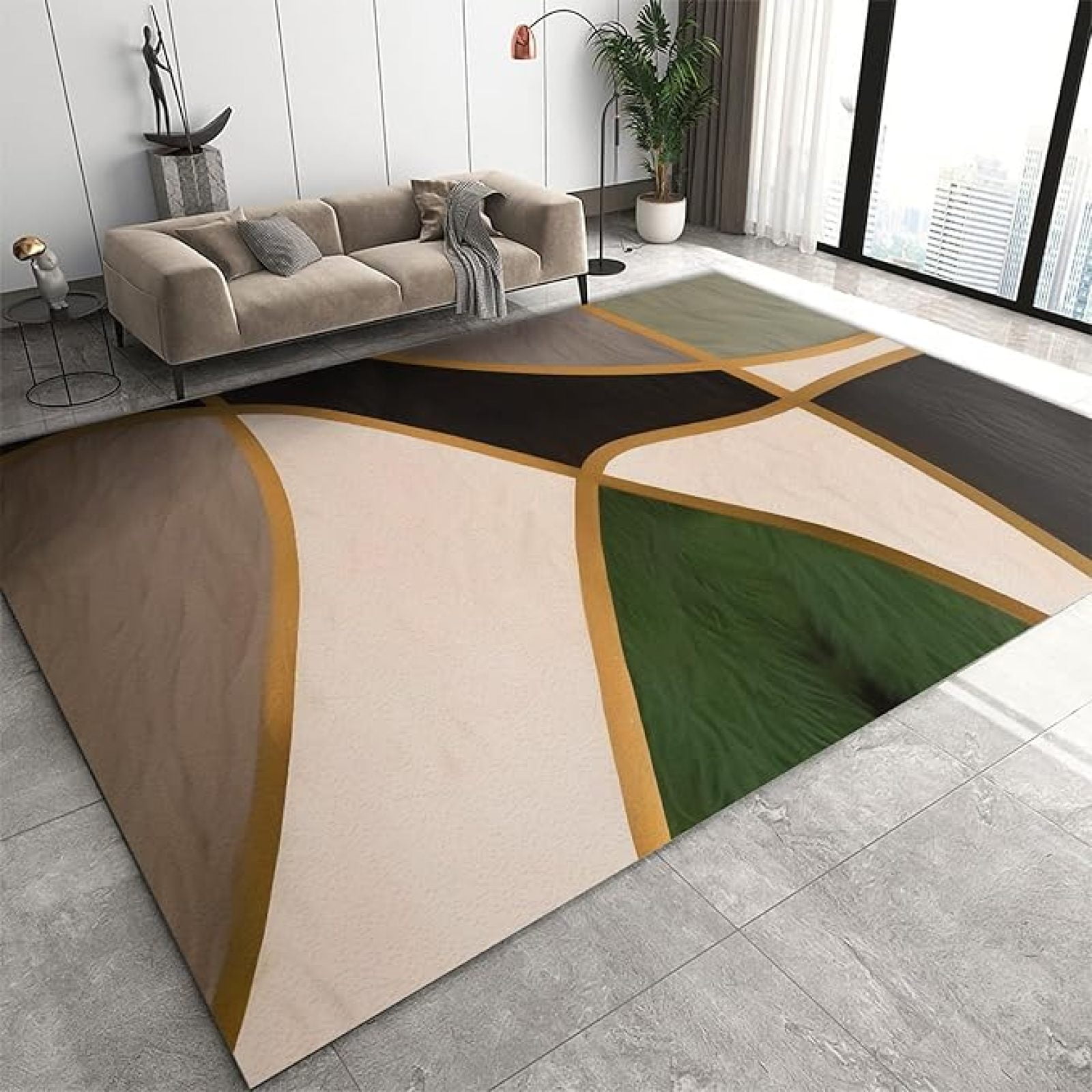 Green Brown And Beige Color Blocks Area Rug, Abstract Line Marble ...