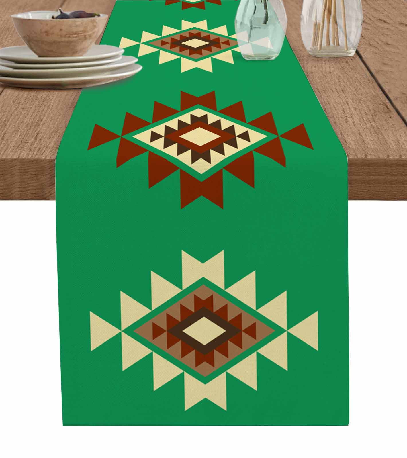 Green Brown Boho Table Runner Country Simple Abstract Ethnic Geometric ...