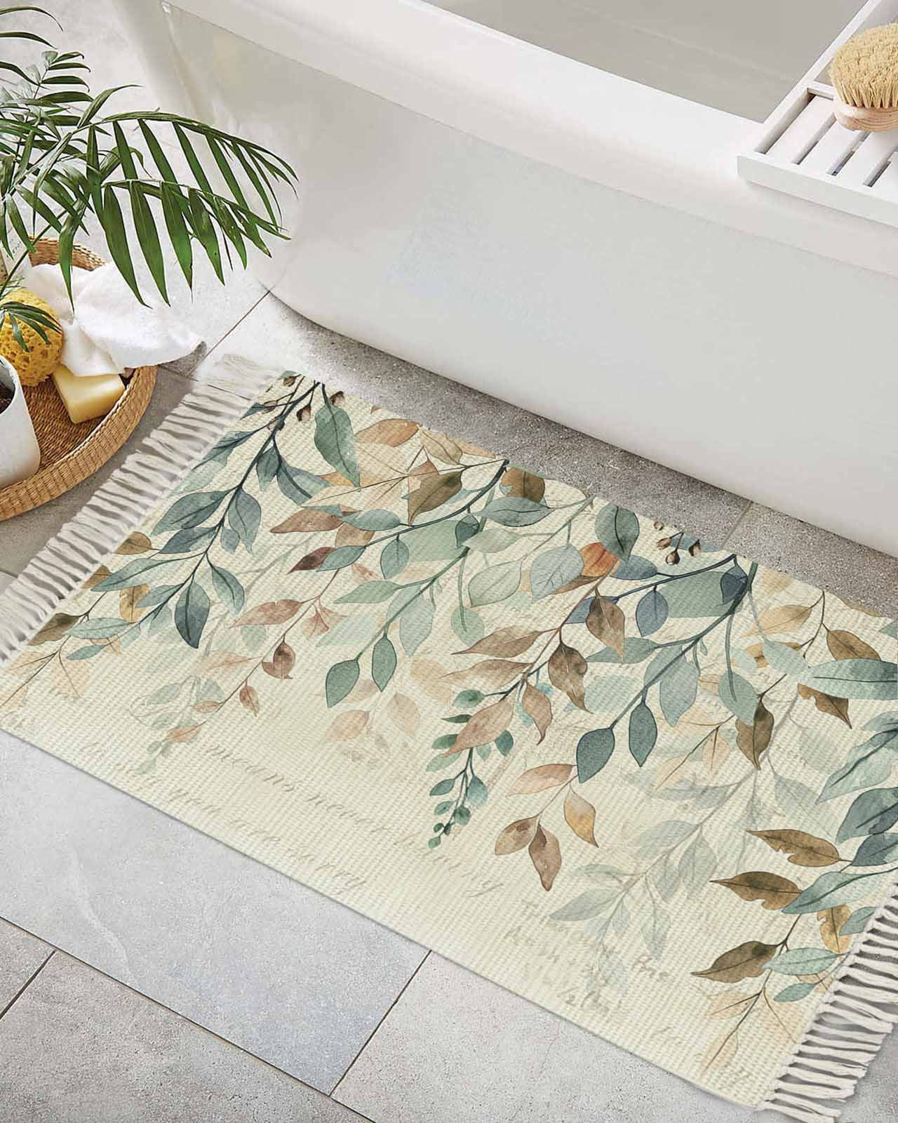 Green Brown Botanical Bath Rug 2x3ft Woven Bathroom Entryway Runner Rug ...