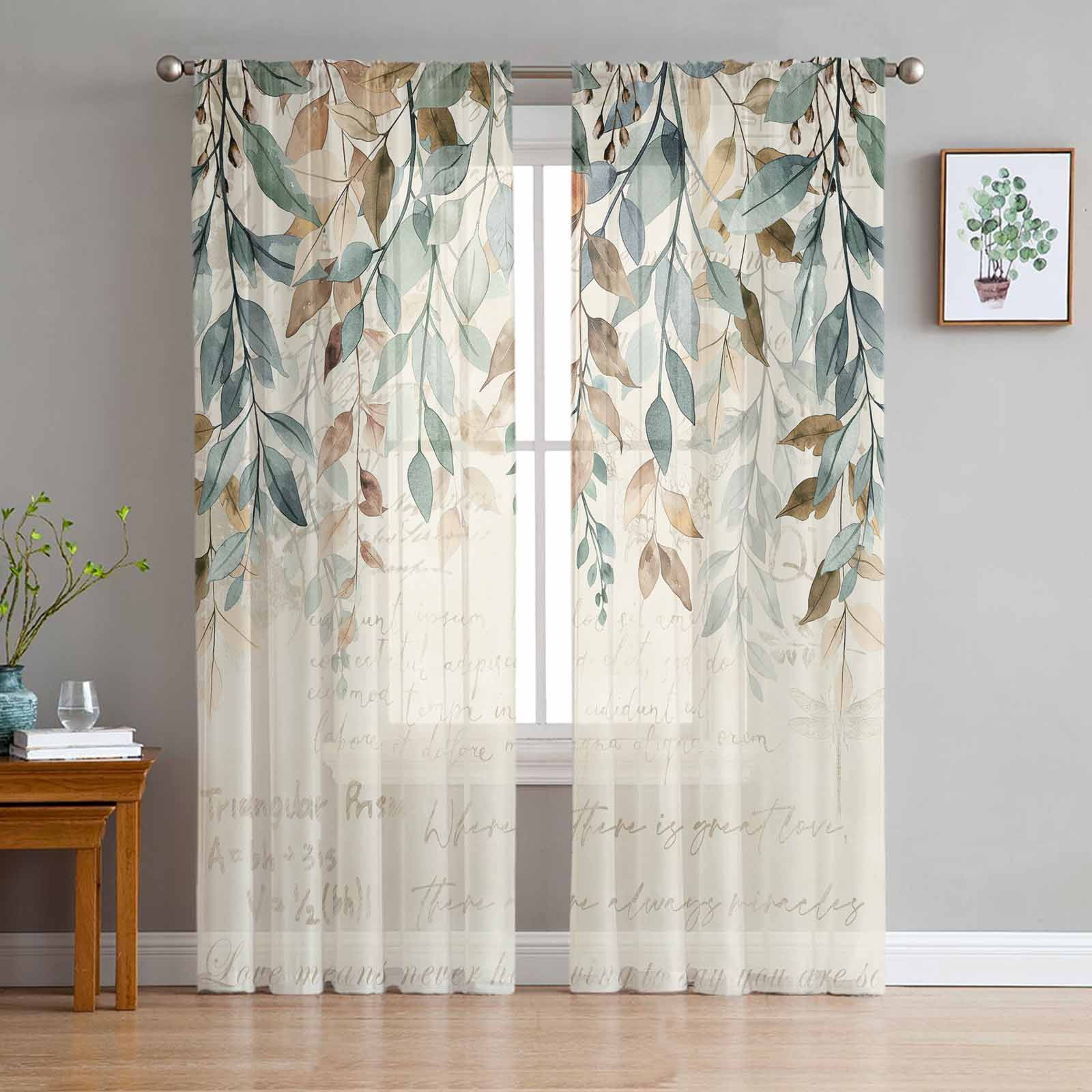 Green Brown Botanical Sheer Curtains 108 Inch Length 2 Panels Set for ...
