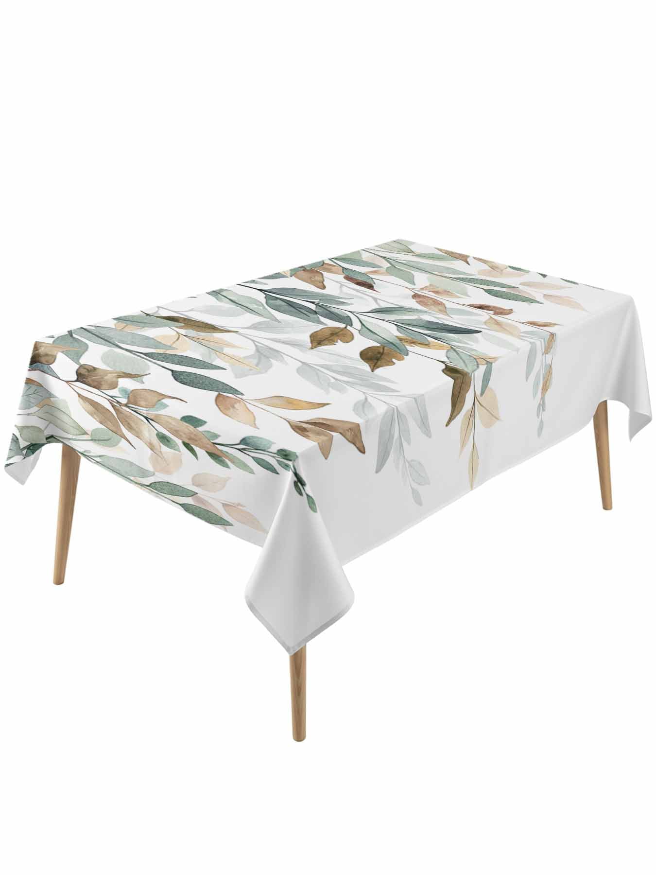 Green Brown Botanical Table Cloth, Farmhouse Eucalyptus Leaves ...