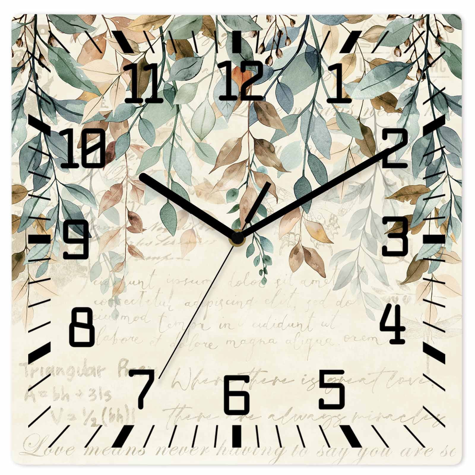 Green Brown Botanical Wooden Wall Clock Silent Non Ticking, Farmhouse ...