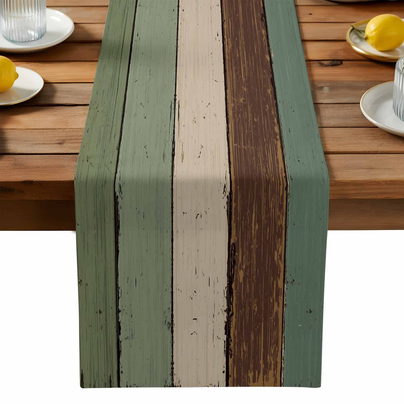Green Brown Cotton Linen Table Runner for Dining Kitchen, Country Wood ...
