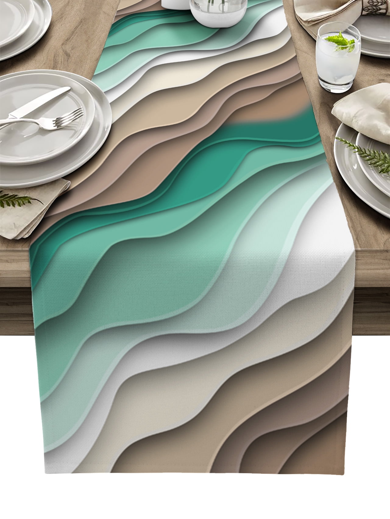 Green Brown Ombre Table Runner 72 Inches, Modern Geometric Abstract ...