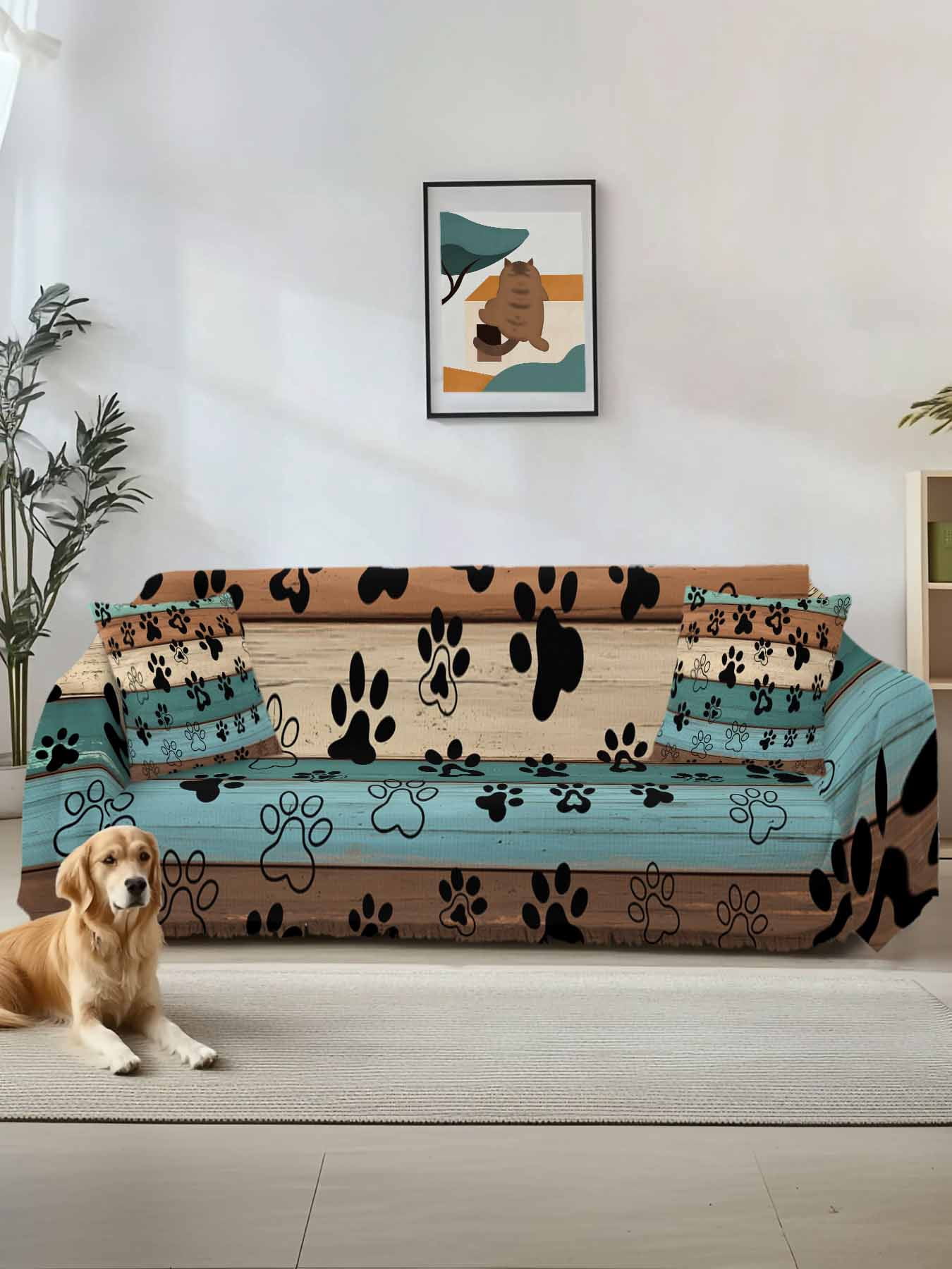 Green Brown Paw Print Couch Cover Sofa Covers 3 Cushion Sectional Couch ...