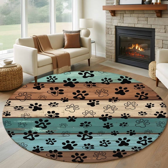 Green Brown Paw Print Round Area Rug 6 FT,Non Slip Bedroom Rugs,Vintage ...