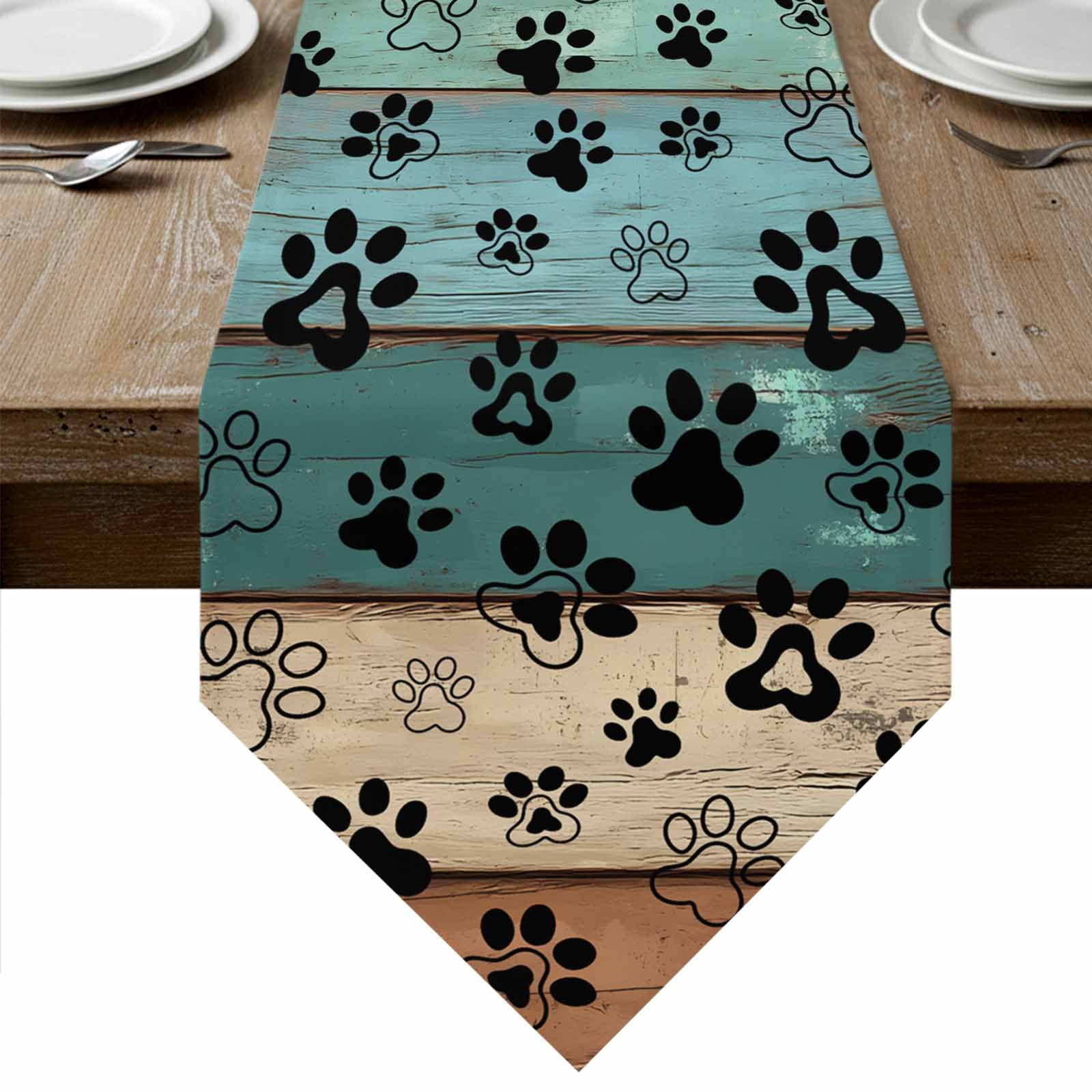 Green Brown Paw Print Table Runner Linen Burlap Table Runner 72 Inches ...