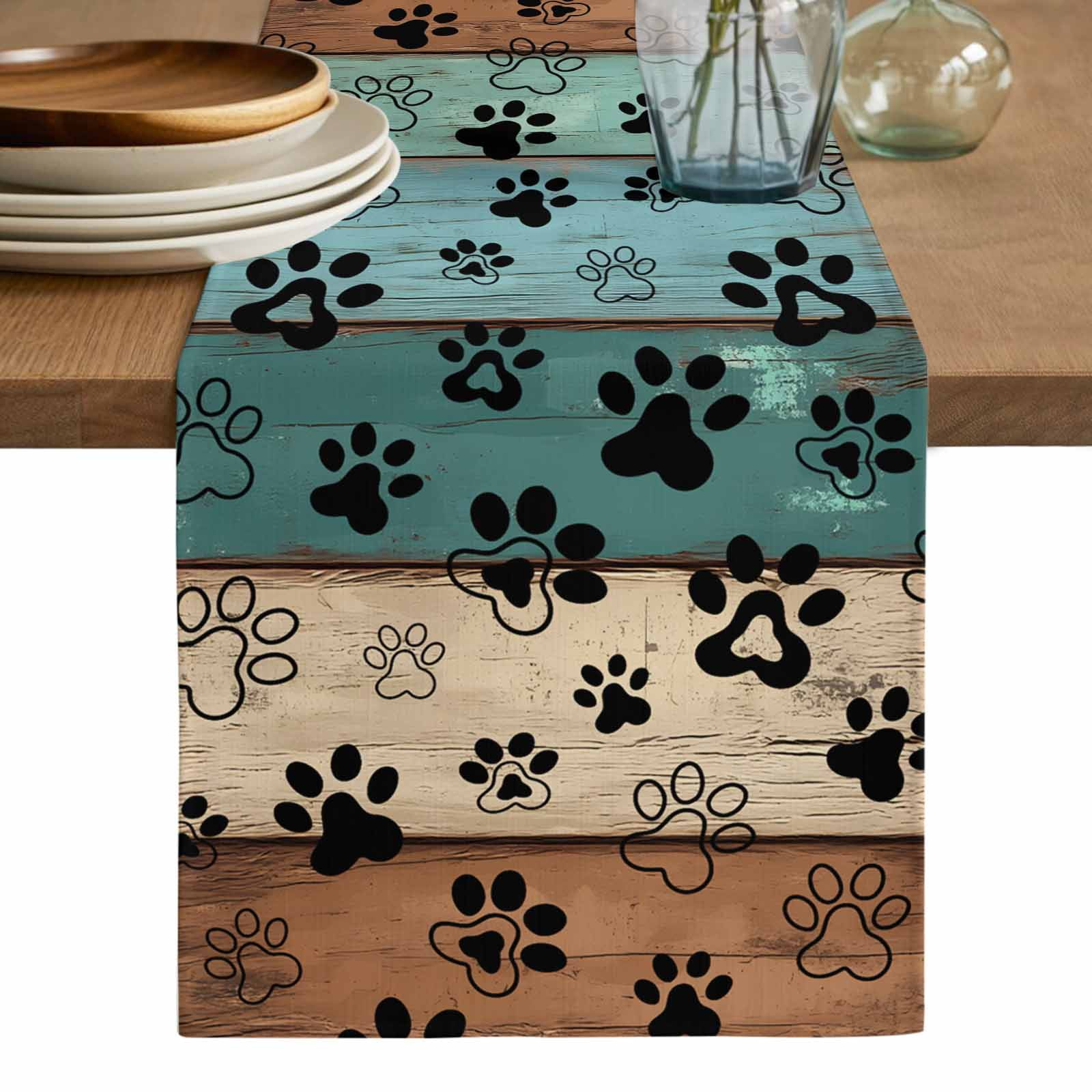 Green Brown Paw Print Table Runner, Vintage Farmhouse Country Wooden ...