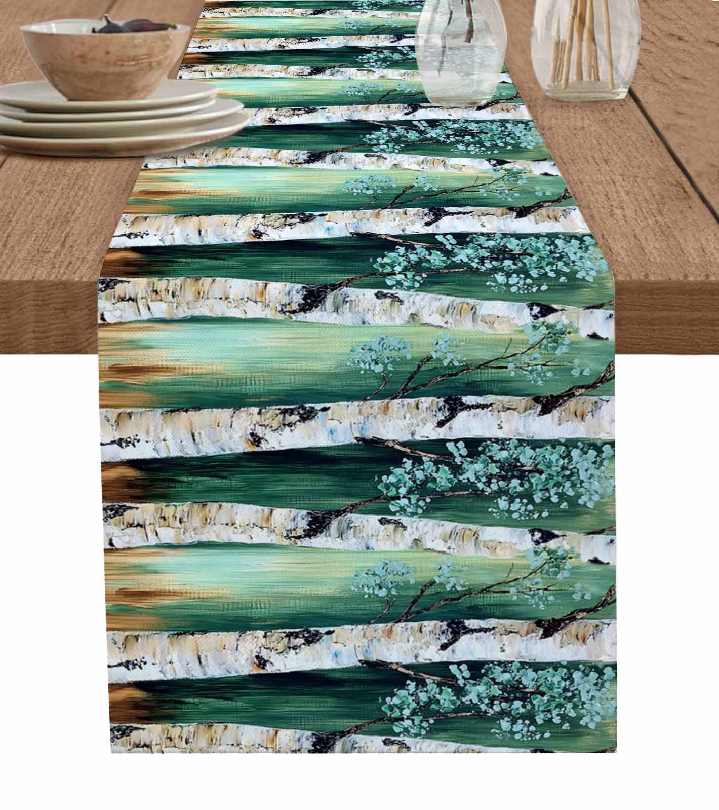 Green Brown Tree Table Runner 72 Inches, Vintage Flower on Trunk Branch ...