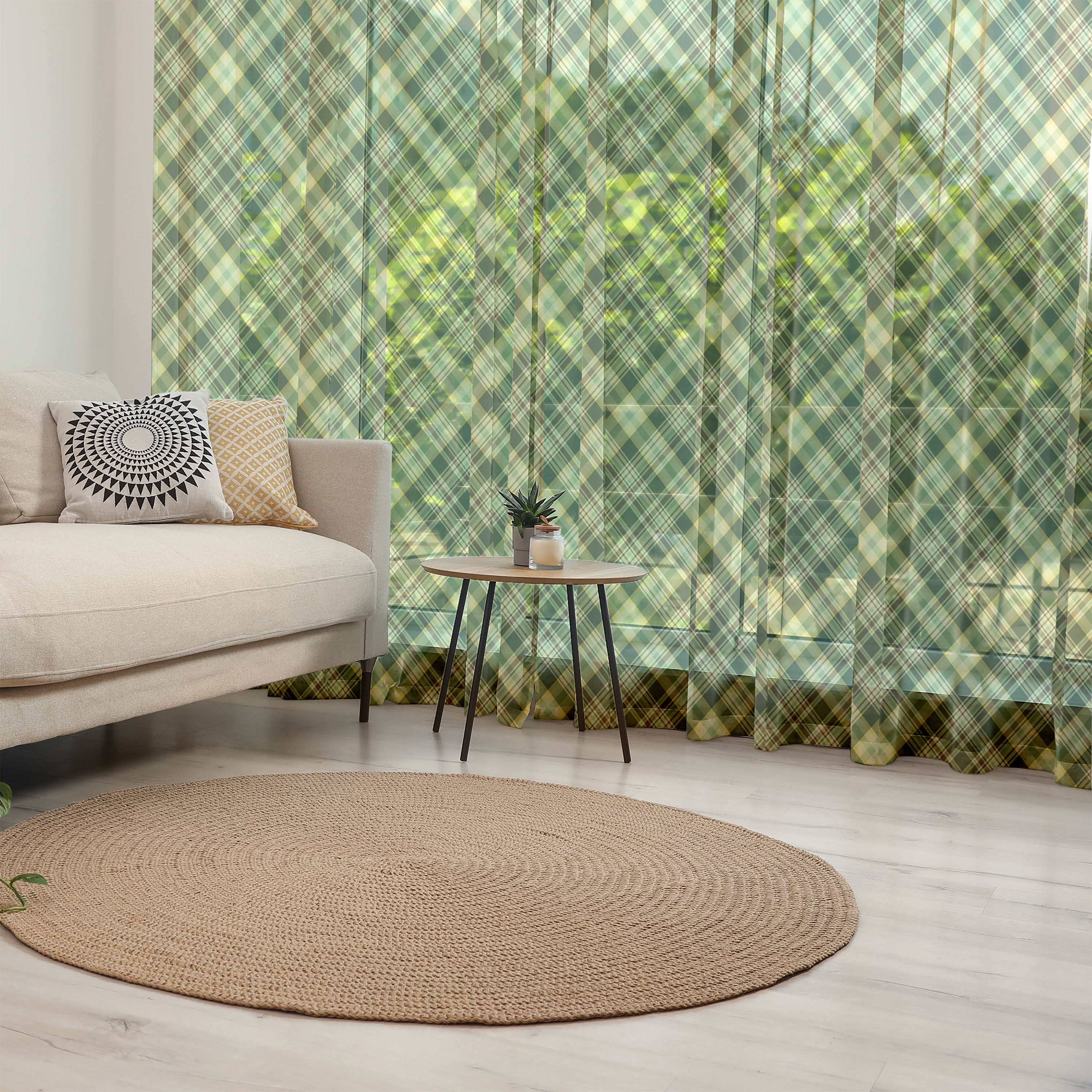 Green and Brown Tulle Curtains with Rod Pocket, Diagonal Checkered ...