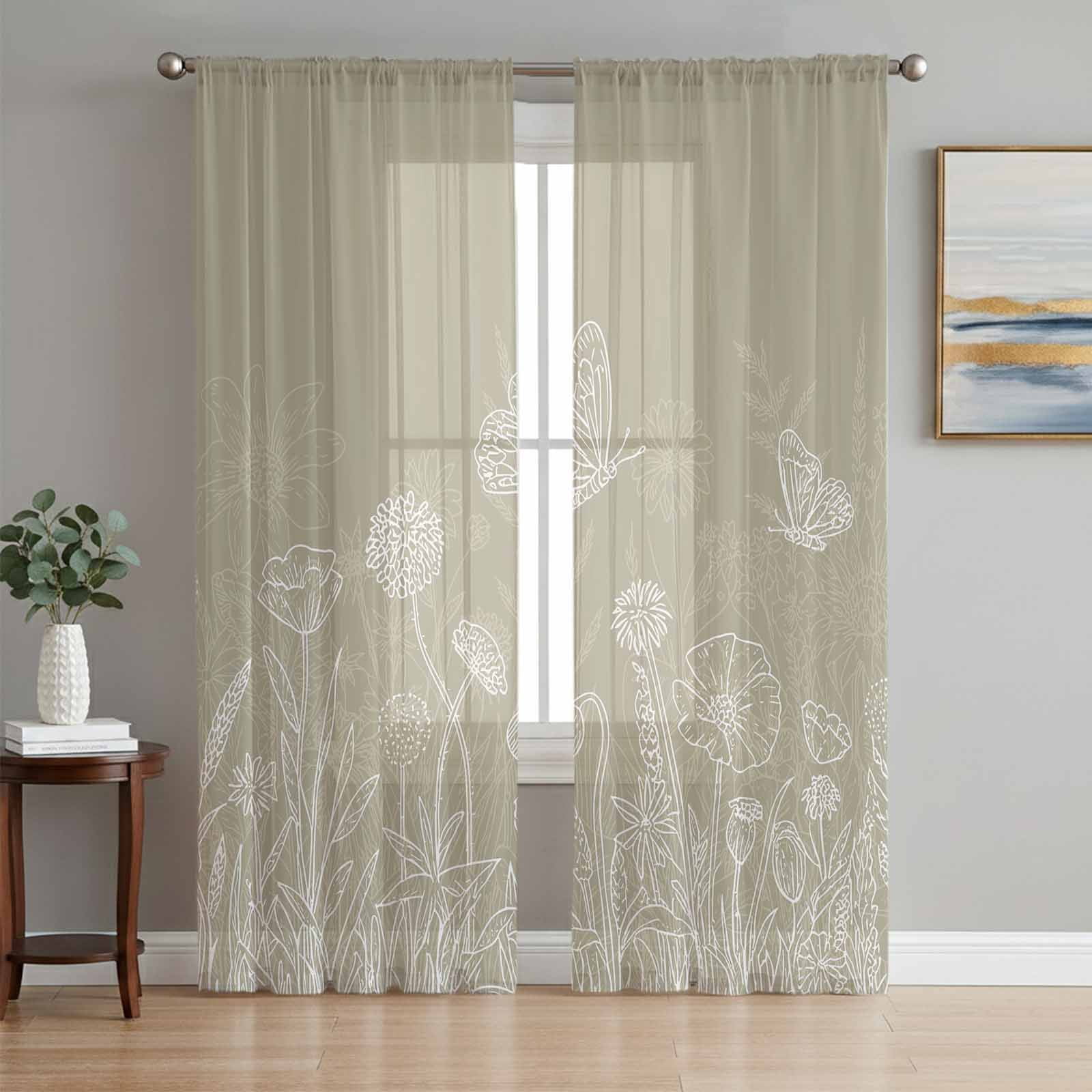 Green Brown Wildflowers Sheer Curtains 84 Inch Length 2 Panels Set ...