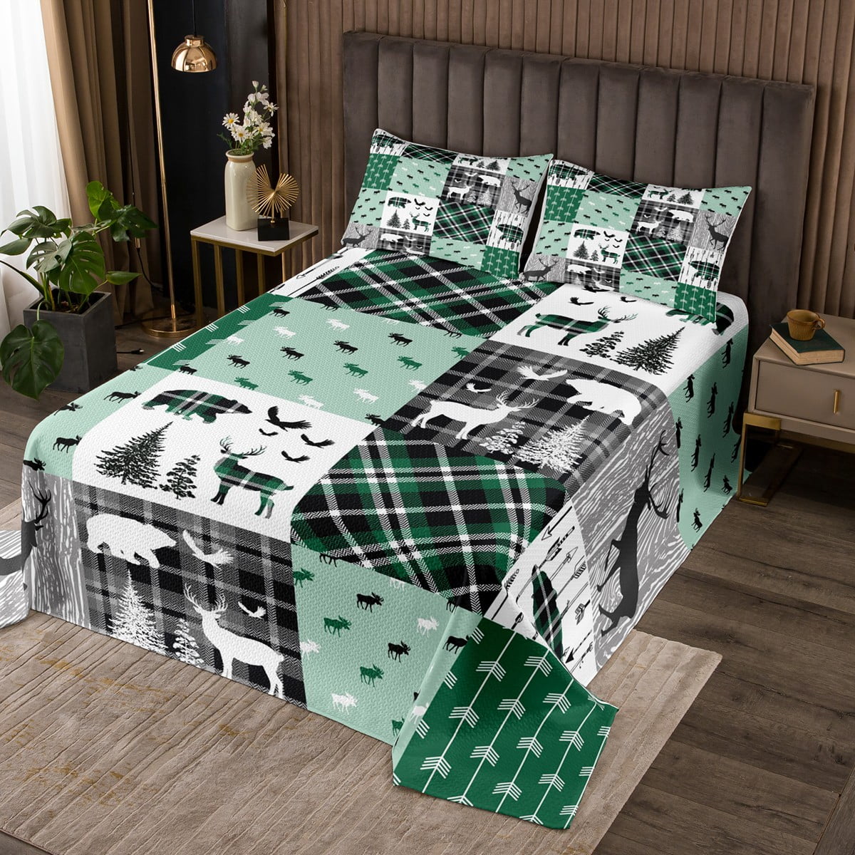 Green Buffalo Plaid Bedspread Set for Boys Girls,Woodland Bear Moose ...